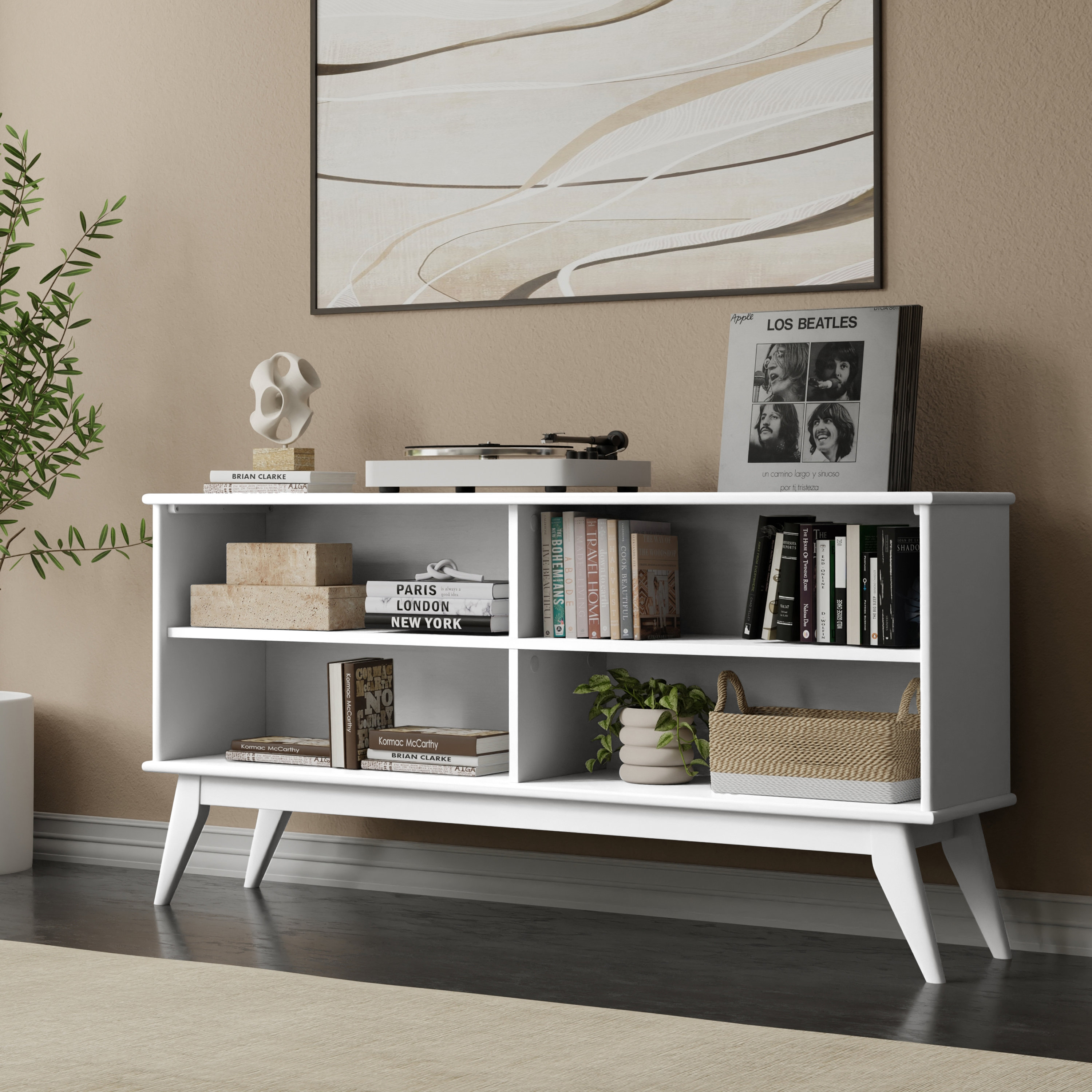 Simpli Home Draper 64"W Solid Hardwood 4 Shelf Mid-Century Modern Low ...