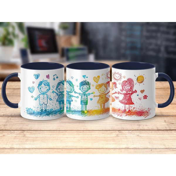 East Urban Home Kids Drawing Style 11oz Accent Mugs – White Ceramic ...