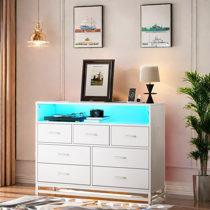 Wrought Studio™ 7 Drawer Dresser With Led Lights And Charging Station ...