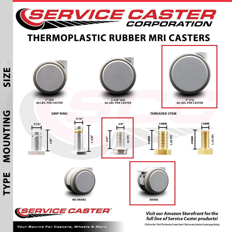 Service Caster 3 Inch MRI Safe Casters with Brakes – 3/8 Inch Threaded ...