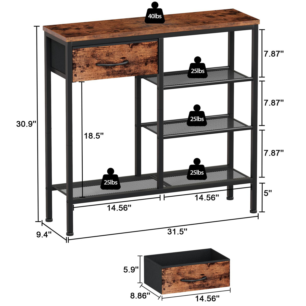 17 Stories 31.5" Industrial Sofa Console Table, 4-Tier Entryway Table ...