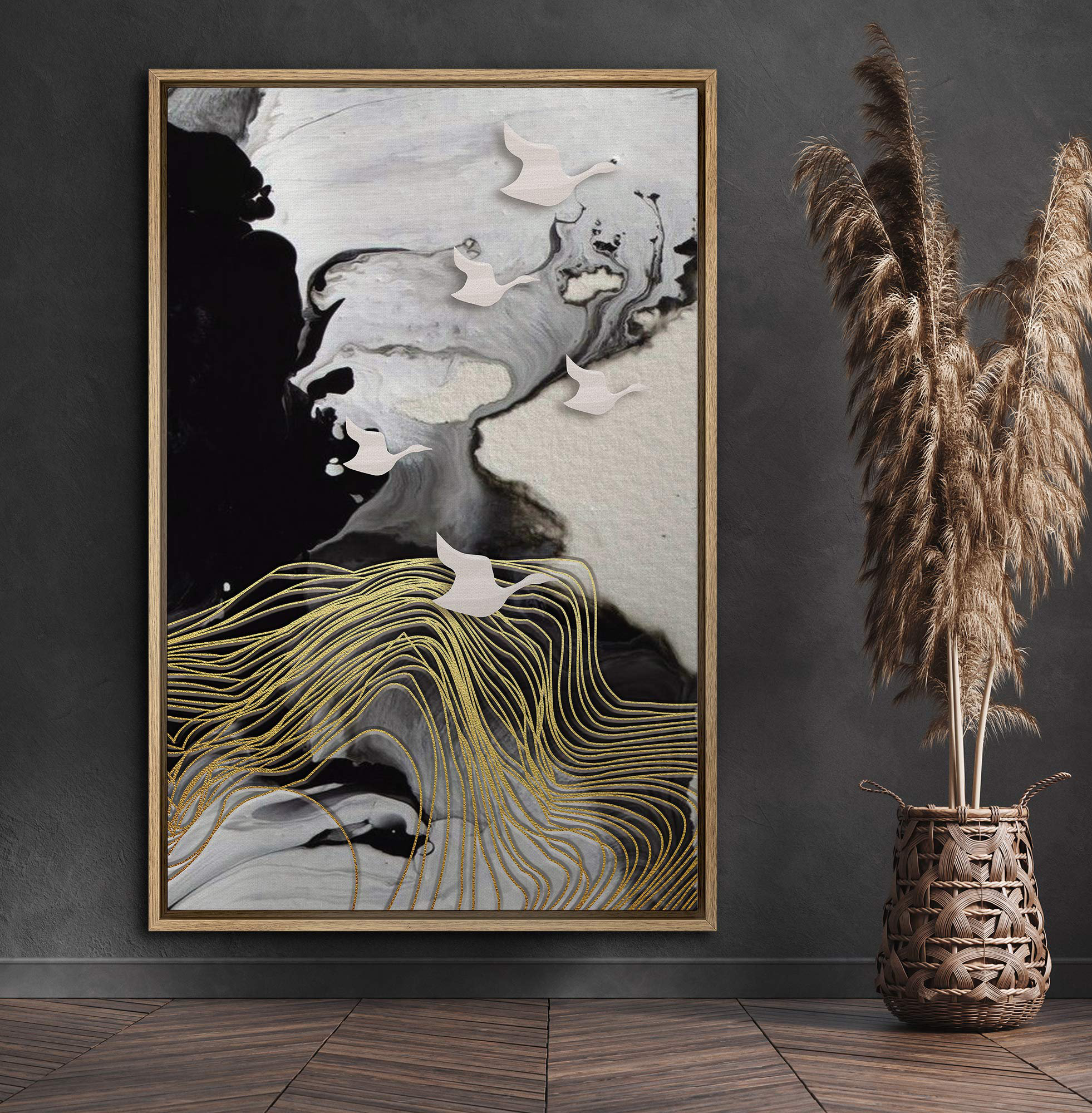 IDEA4WALL Golden Line Art Smoke & Wavy Paint Landscape Abstract Artwork ...