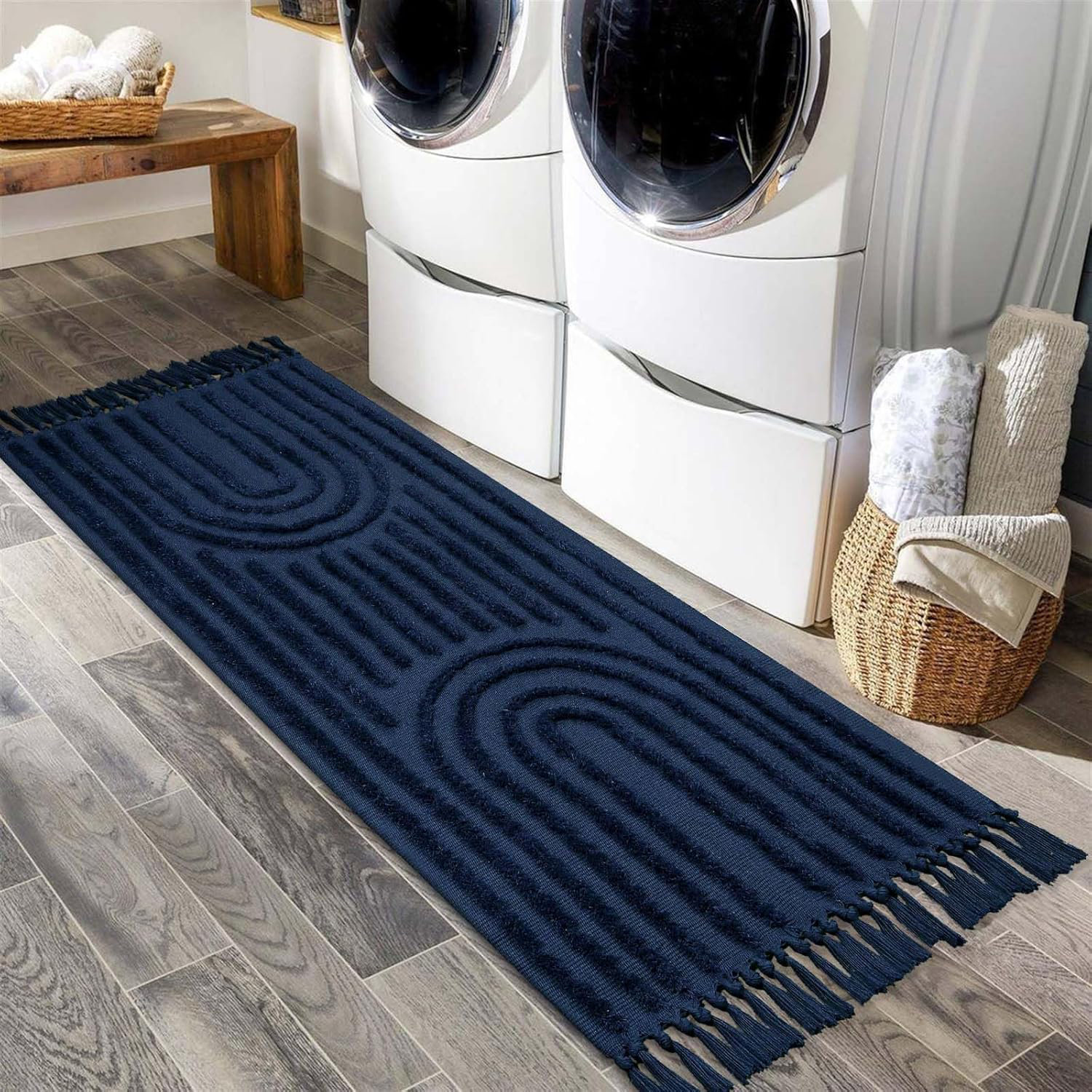 Dakota Fields Dark Blue Hand-Woven Kitchen Rug with Tessal Boho Tufted ...