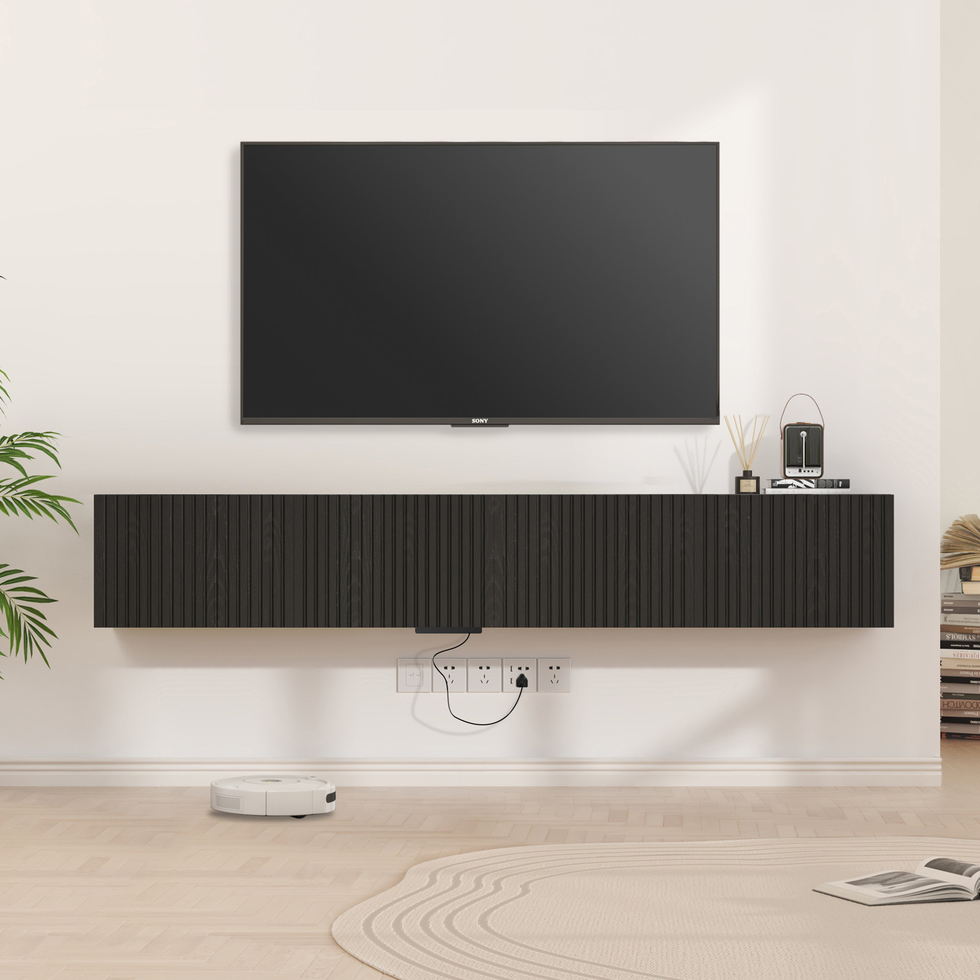 Ebern Designs Black Floating TV Stand With Power Outlet For 80 Inch TV ...