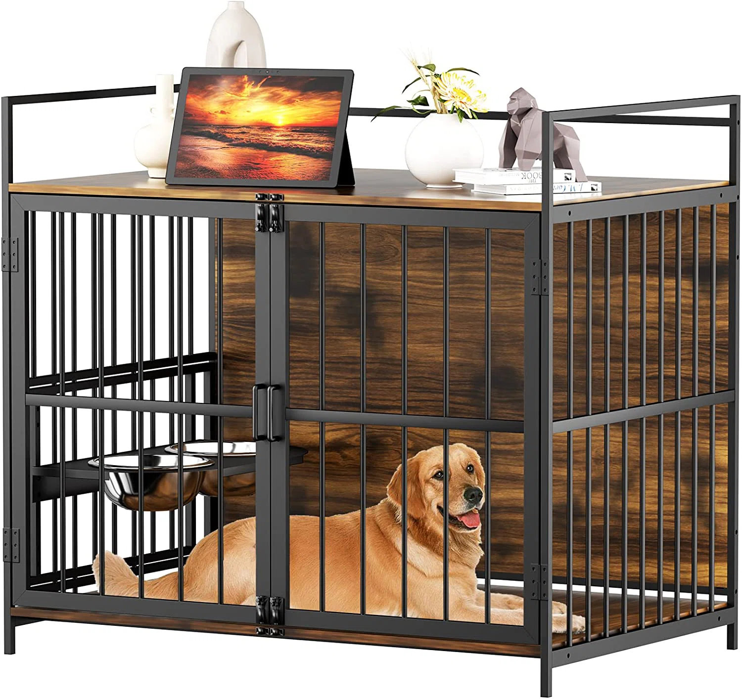 HomLux Dog Crate Furniture-Style Cages for Dogs Indoor with 2 Stainless ...