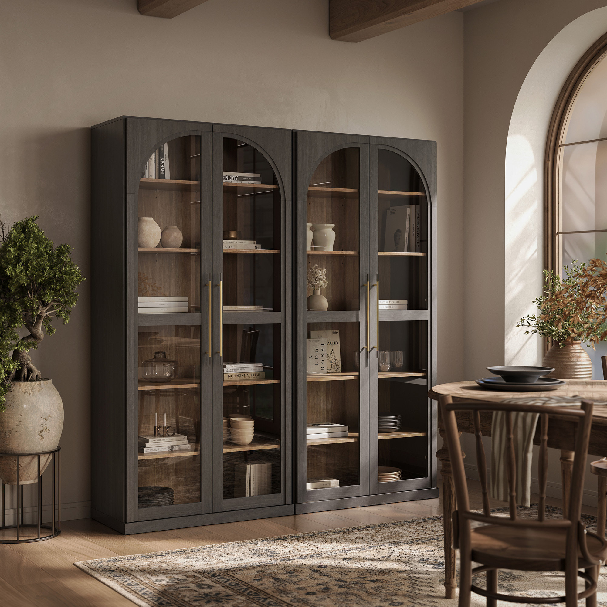 Latitude Run® 67" Storage Cabinet, 6 Shelf Glass Bookshelf, Camel ...