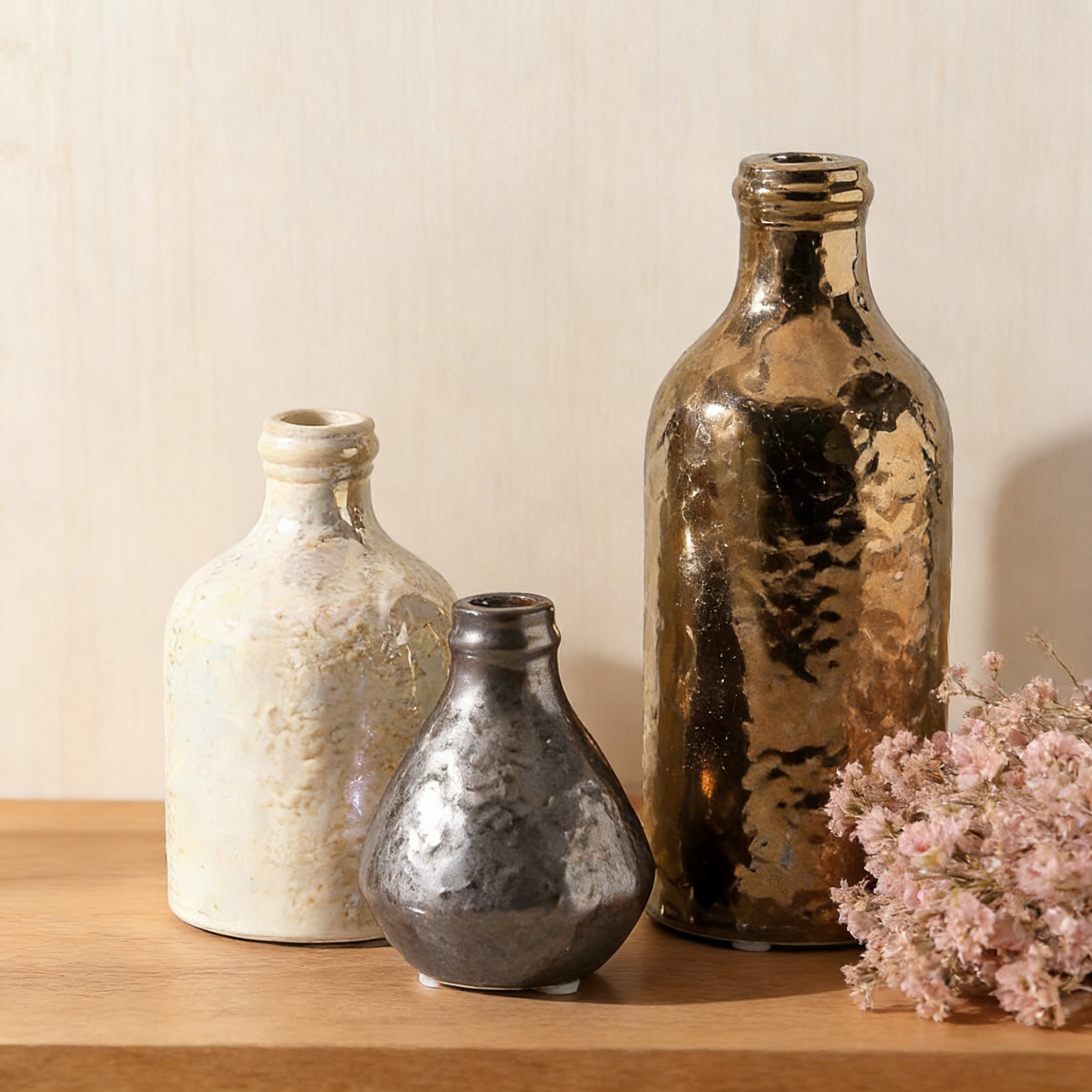 Orren Ellis Ceramic Vase Set Of 3 - Modern Neutral Flower Vases For ...