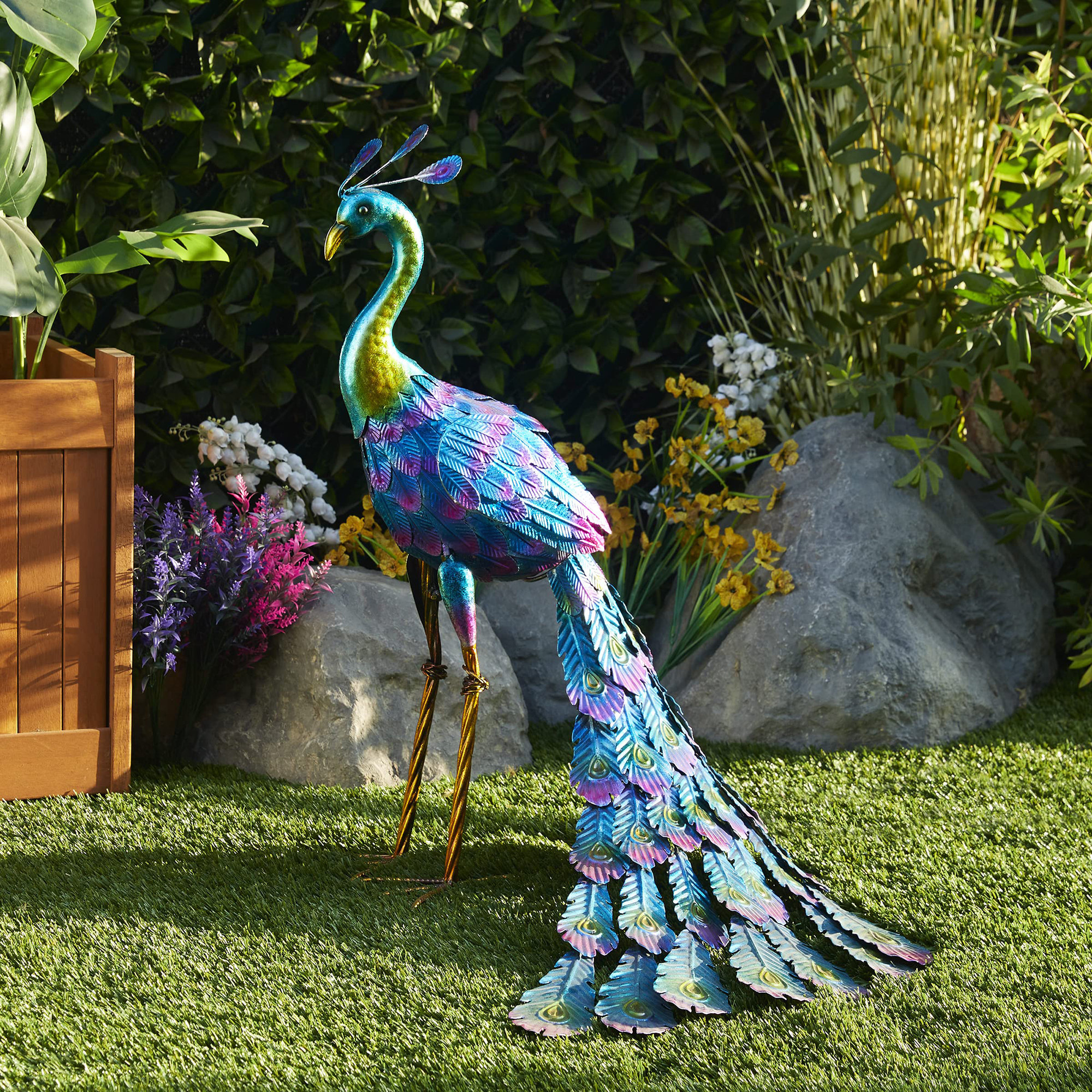 Bungalow Rose 23" Tall Outdoor Metallic Peacock Tail Spread Yard Statue ...