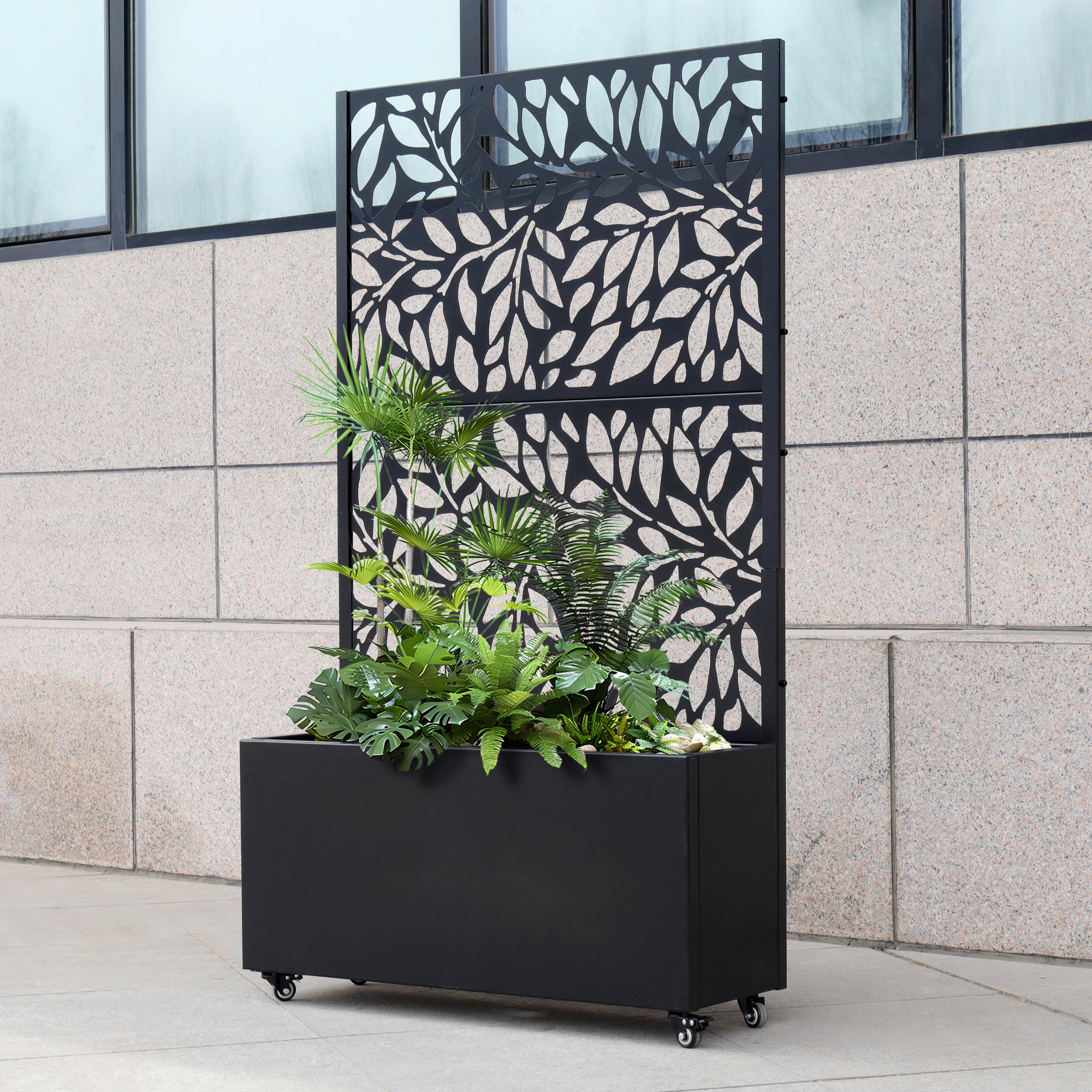 Lark Manor™ 36” X 64” X 12” Rolling Metal Planter W/ Laser Cut Trellis ...