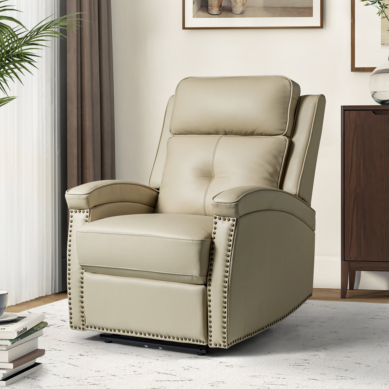 Wade Logan® Avelino Genuine Leather Power Recliner with Nailhead Trim & Reviews | Wayfair