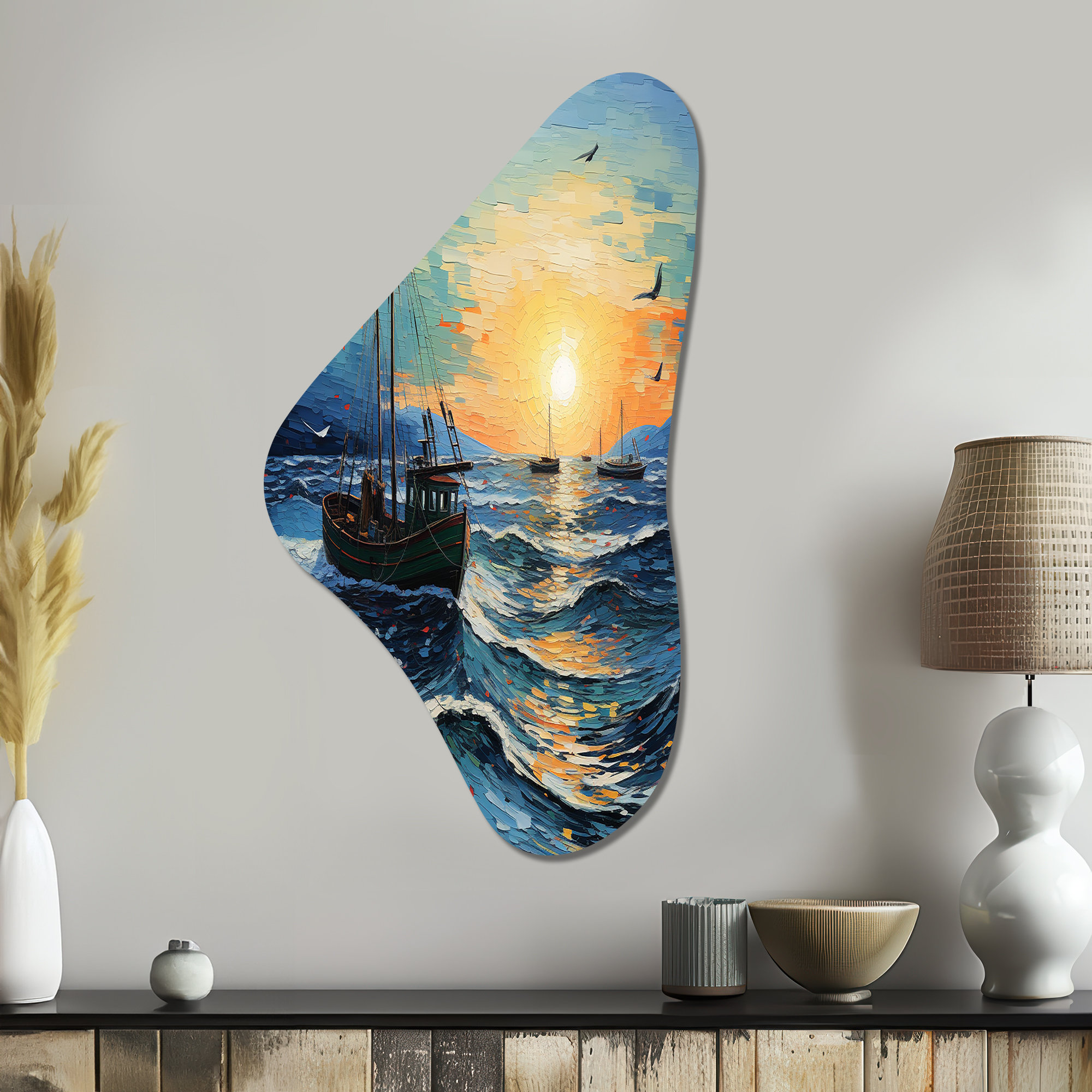 Design Art Vangogh Seascape With Fishing III - Vangogh Boomerang Shape ...