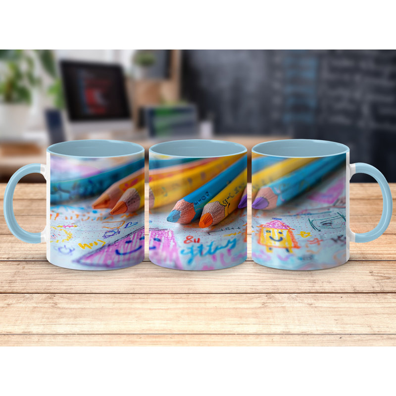 East Urban Home Set of 3 Kids Drawing Style 11oz Accent Mugs – White ...