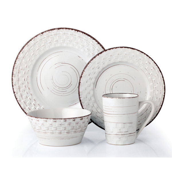Lorren Home Trends Distressed Weave 16 Piece Dinnerware Set, Service ...