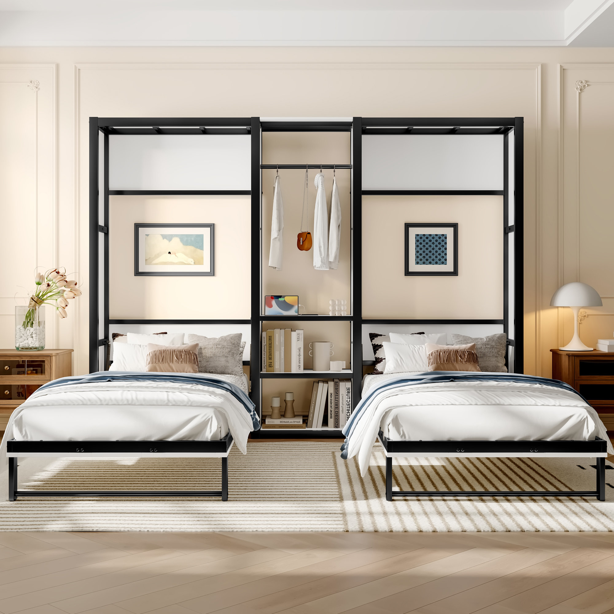 Orren Ellis Space-saving Dual Twin Metal Murphy Bed With Wardrobe For ...