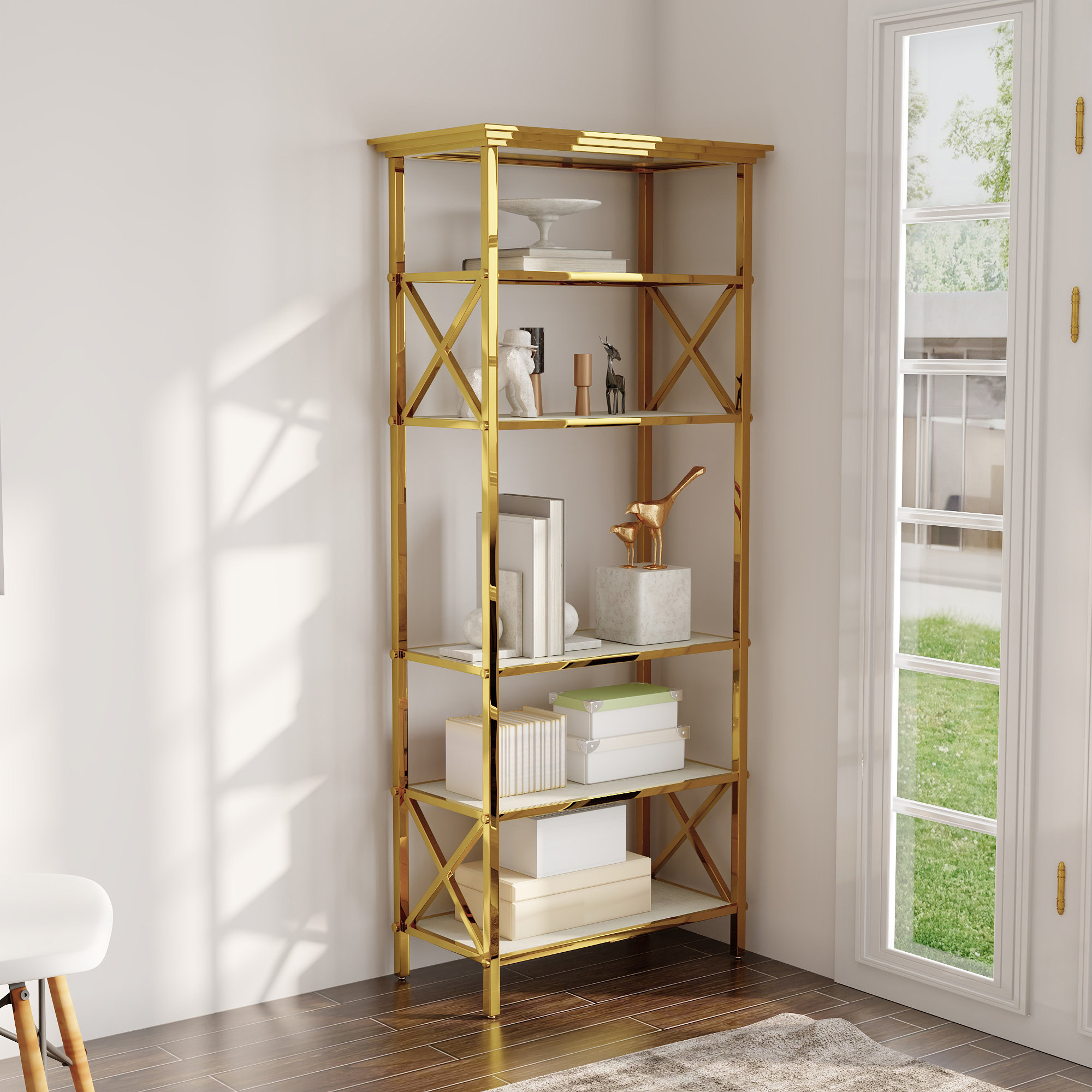 Everly Quinn Monteco Gold Bookcase with Open Shelf Srorage | Wayfair