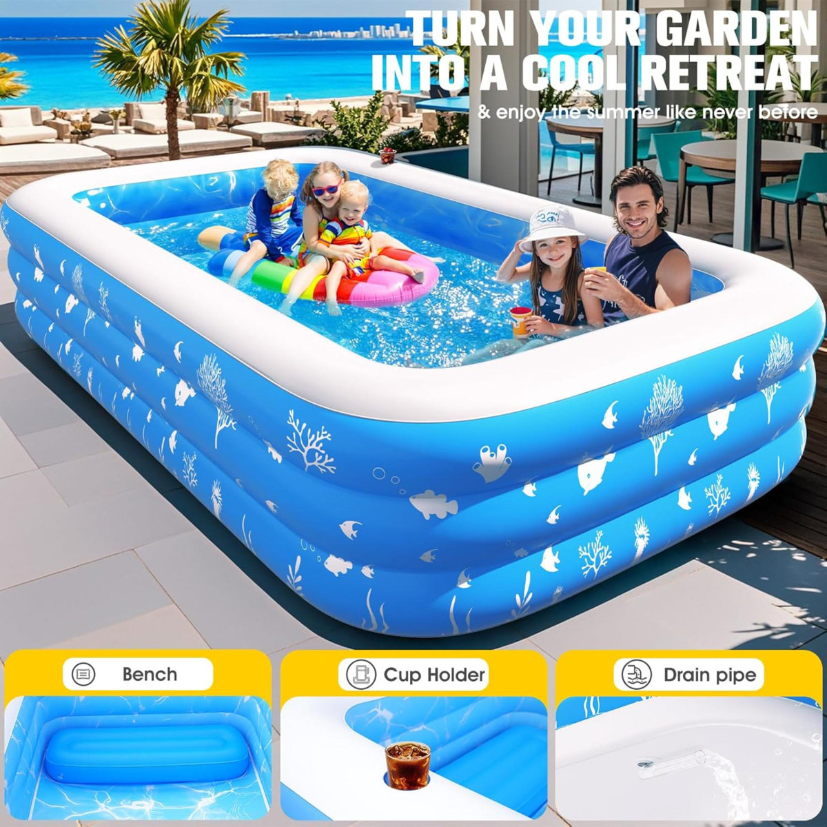 Textiles Hub Inflatable Pool With Seat And Pool Lights, Durable ...
