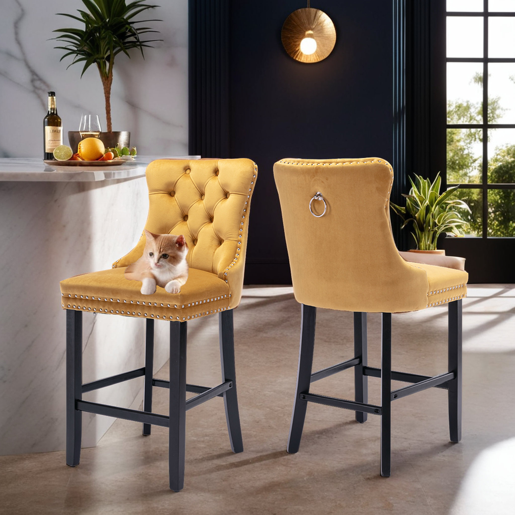 House of Hampton Velvet Nailhead Wing Back Counter Height Barstools(Set ...