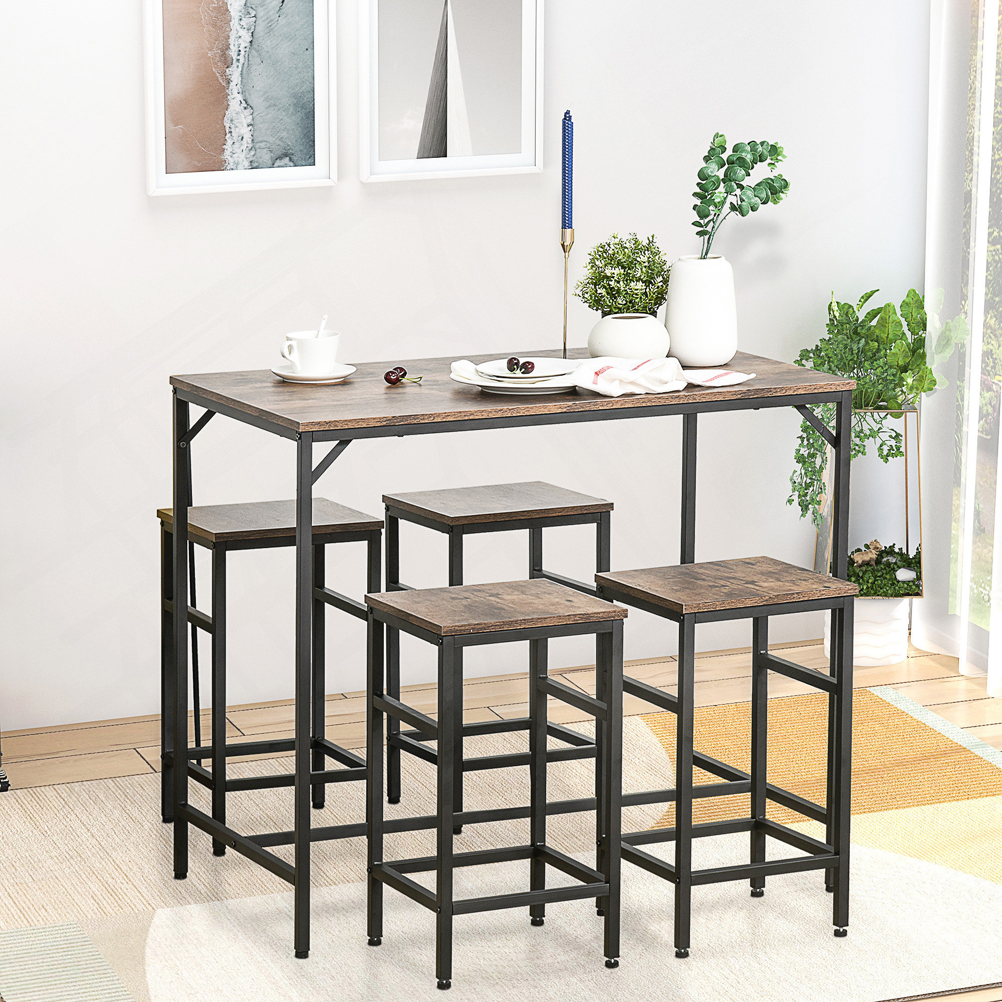 17 Stories 5-Piece Industrial Dining Table Set, Bar Table & 4 Stools ...