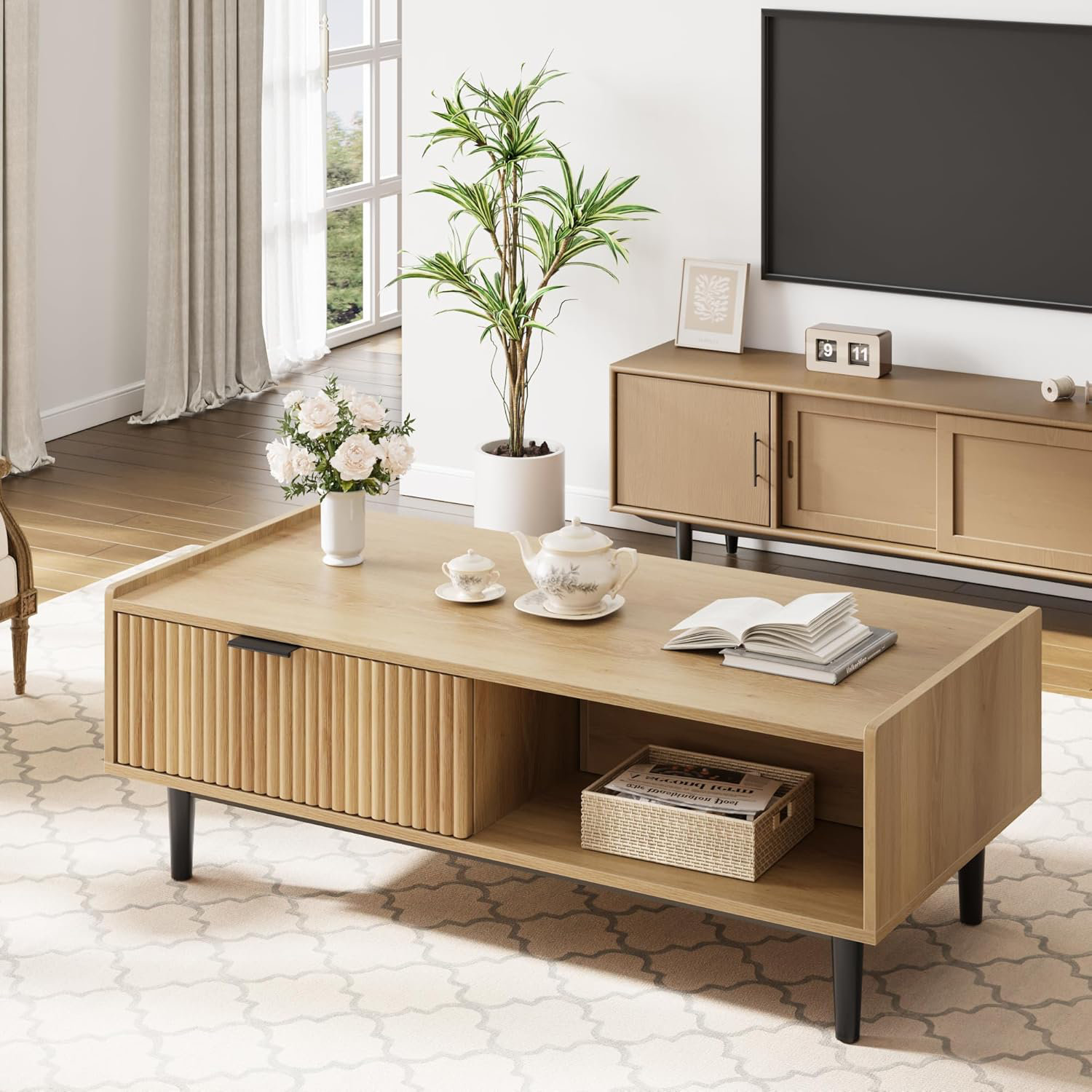 Latitude Run® Center Table Fluted Coffee Table With Drawer 42.5" Mid ...