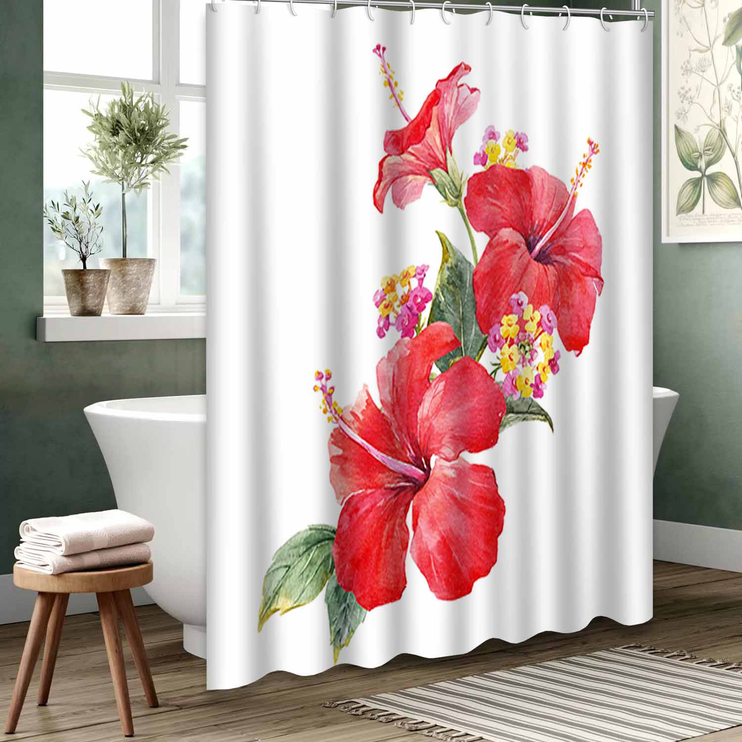 East Urban Home Waterproof Shower Curtain,Watercolor Tropical with Red ...