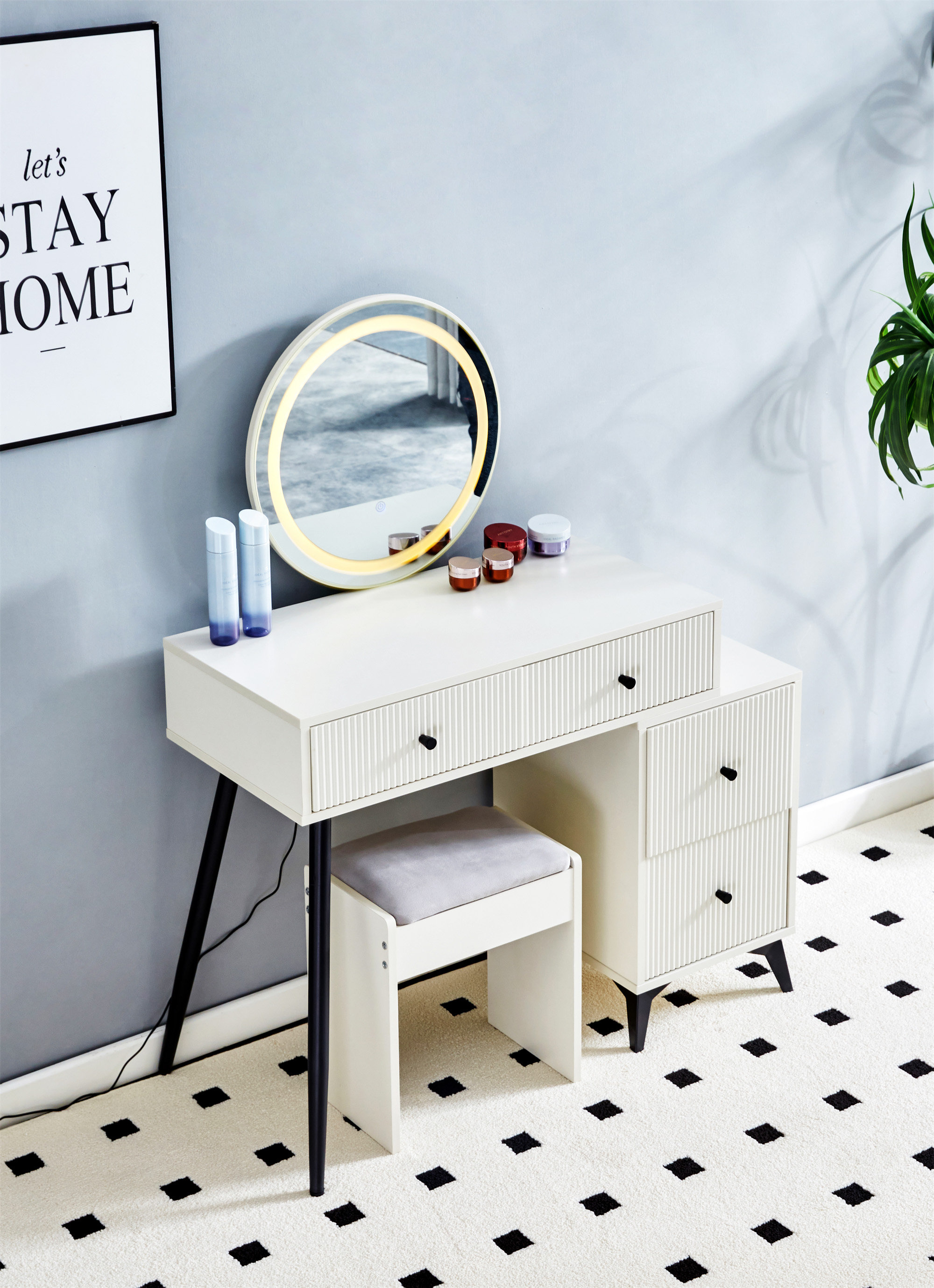George Oliver Fluted Makeup Vanity Desk With Round LED Mirror And ...