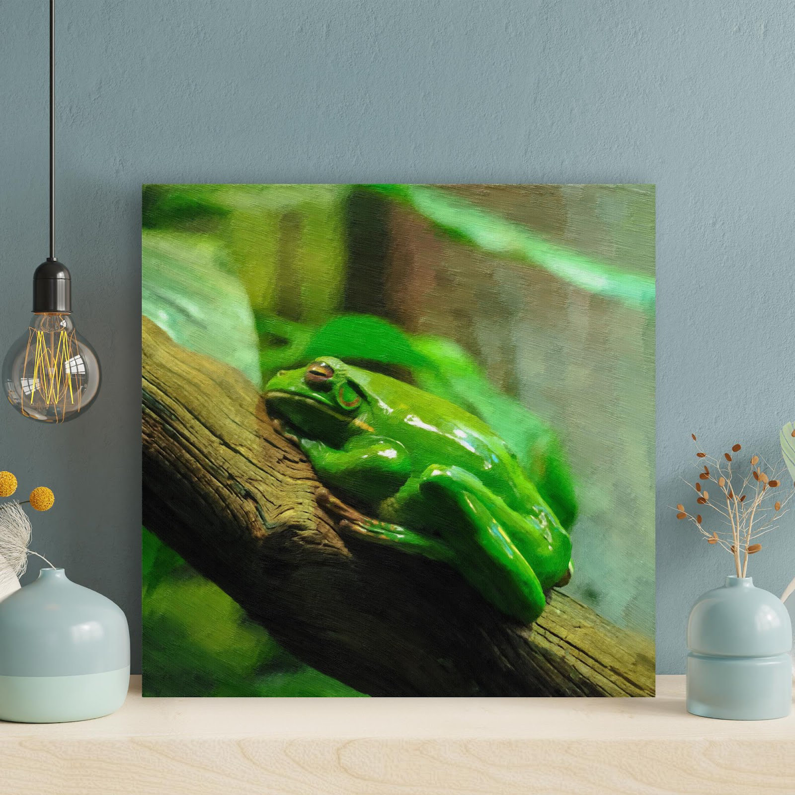 Gracie Oaks Green Frog On Brown Tree Branch 3 - 1 Piece Square Graphic ...