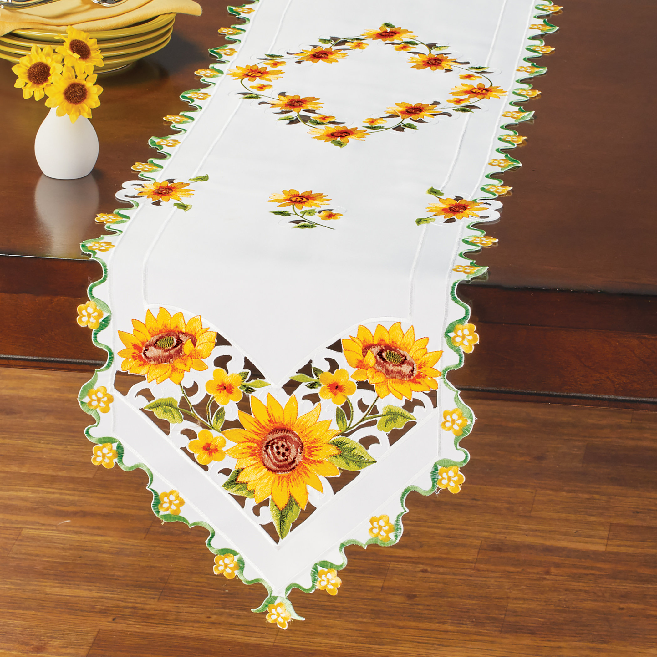 Gracie Oaks Pretty Sunflower Embroidered Table Linens | Wayfair