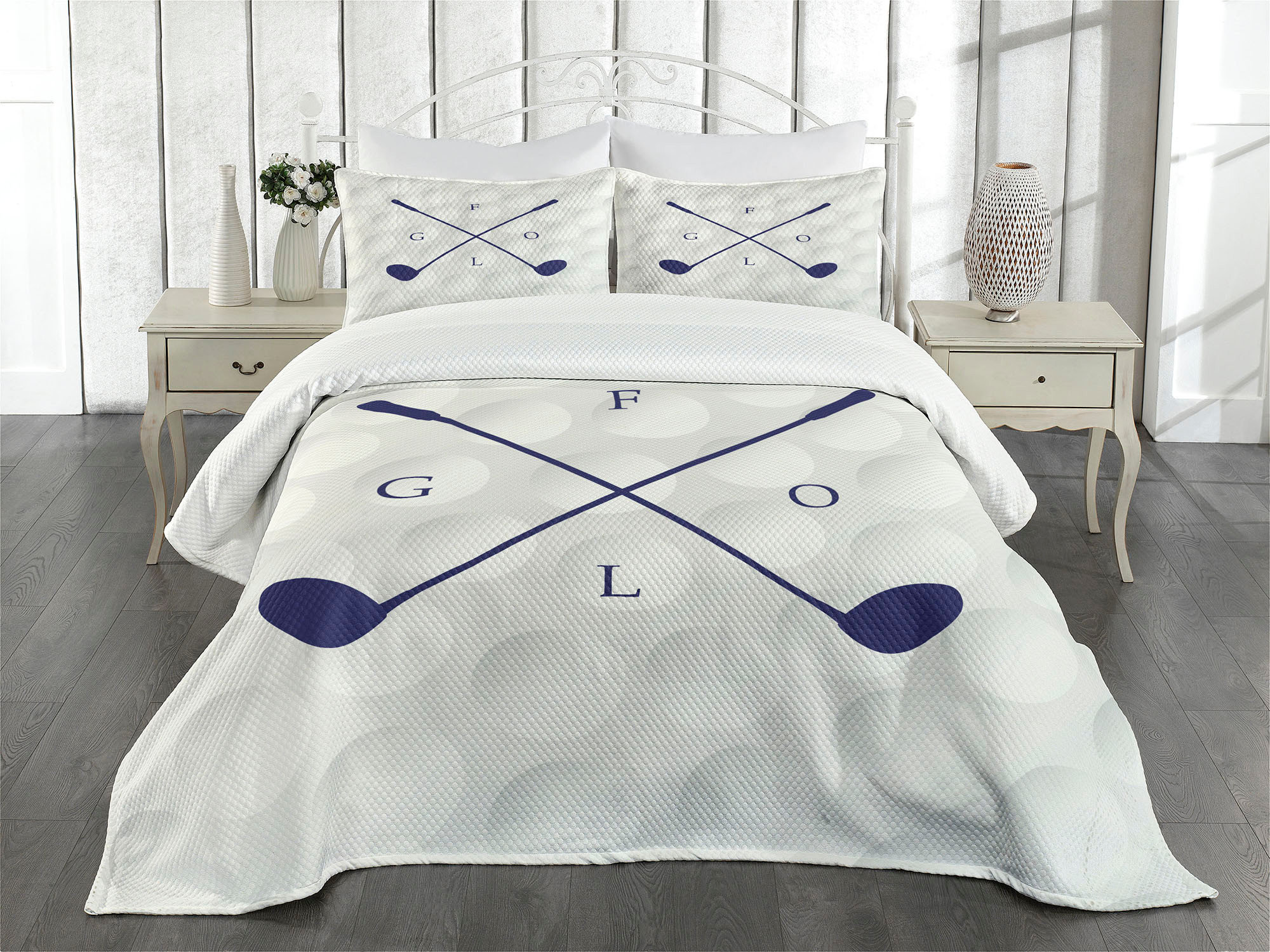 Ambesonne Golf Bedspread Set Golf Clubs on Ball Background Indigo ...