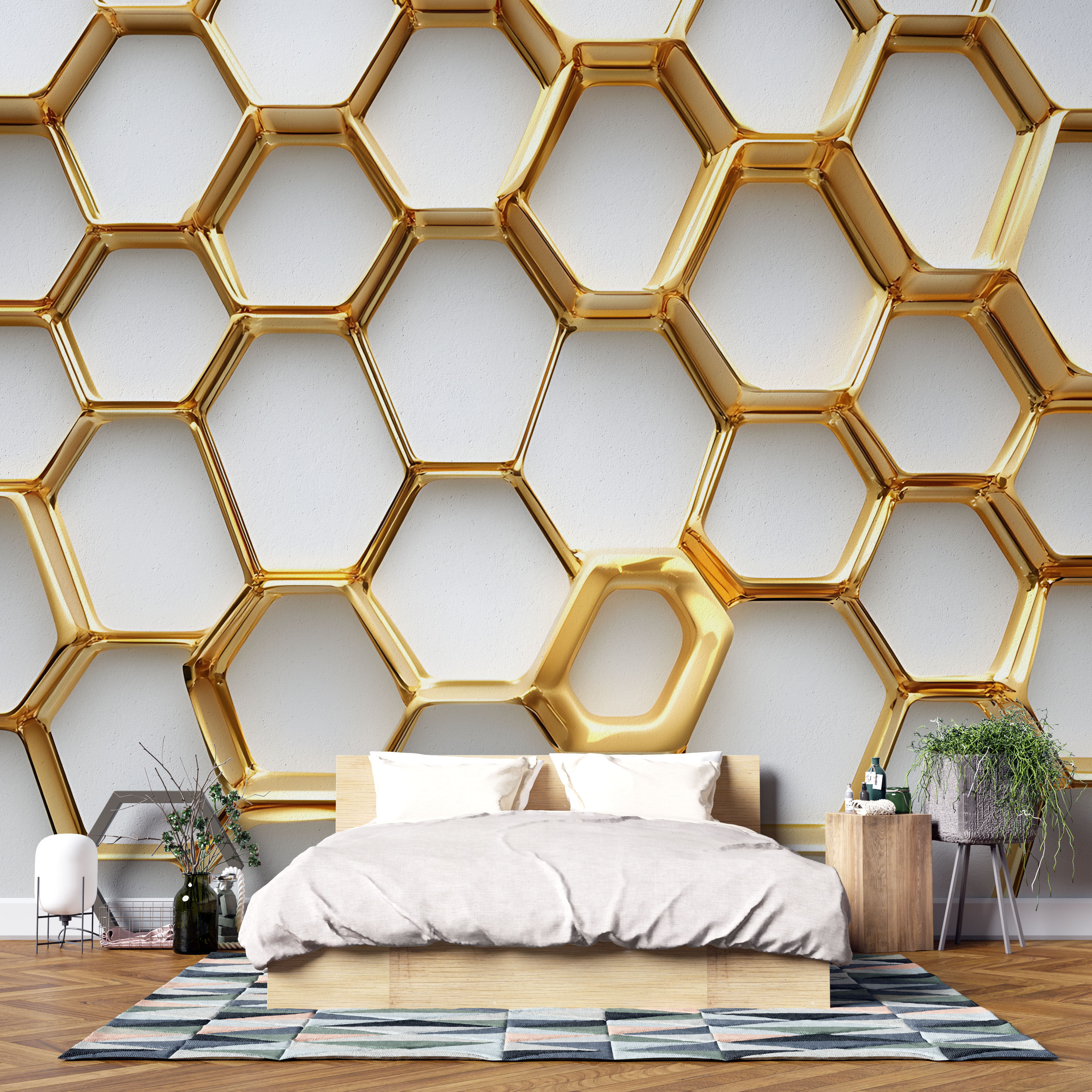 Stickalz 3D Gold Honeycomb Wall Mural – Modern Geometric Wallpaper With Glossy Hexagons For ...