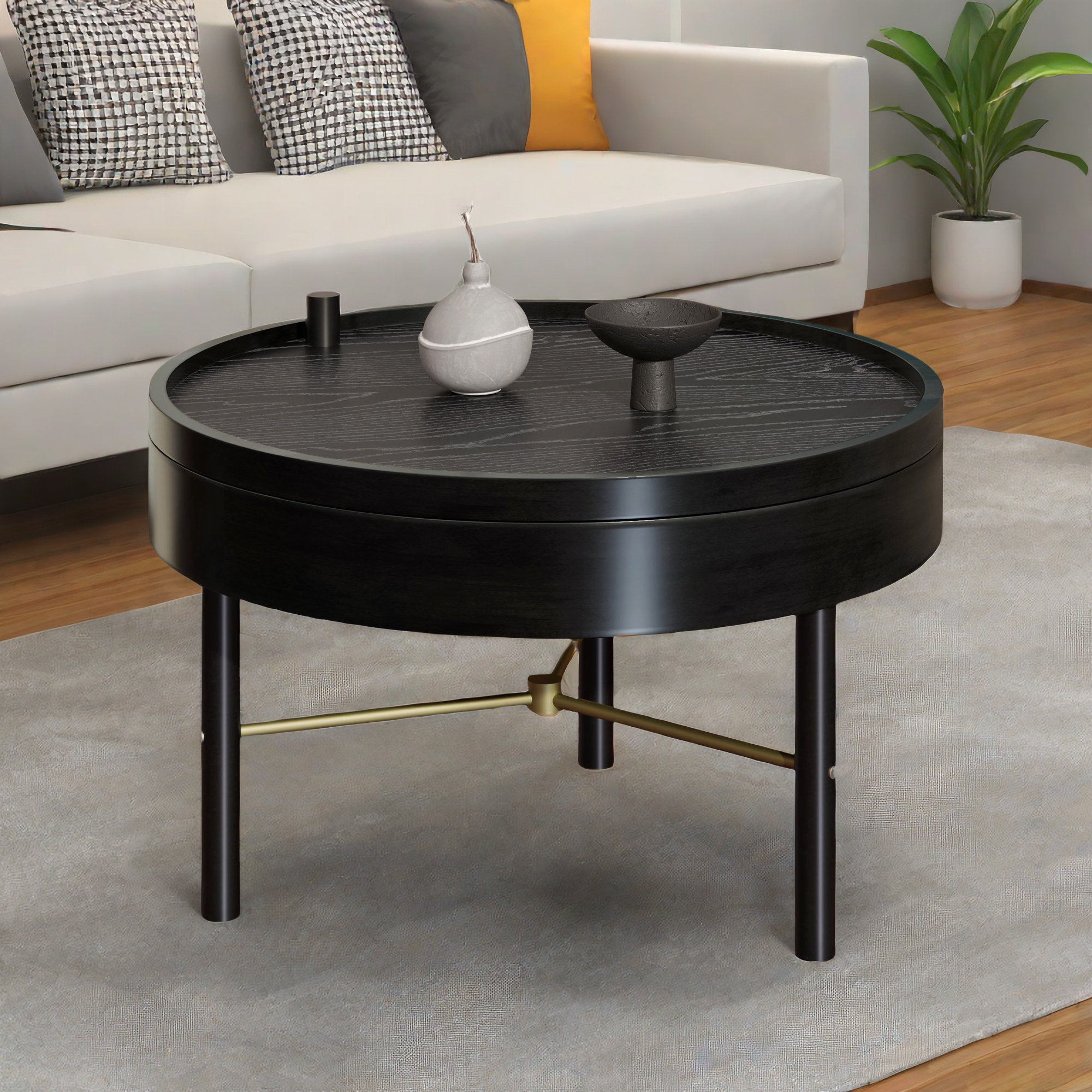 Mercer41 Modern Round Coffee Table With Rotating Top, Storage Space And ...