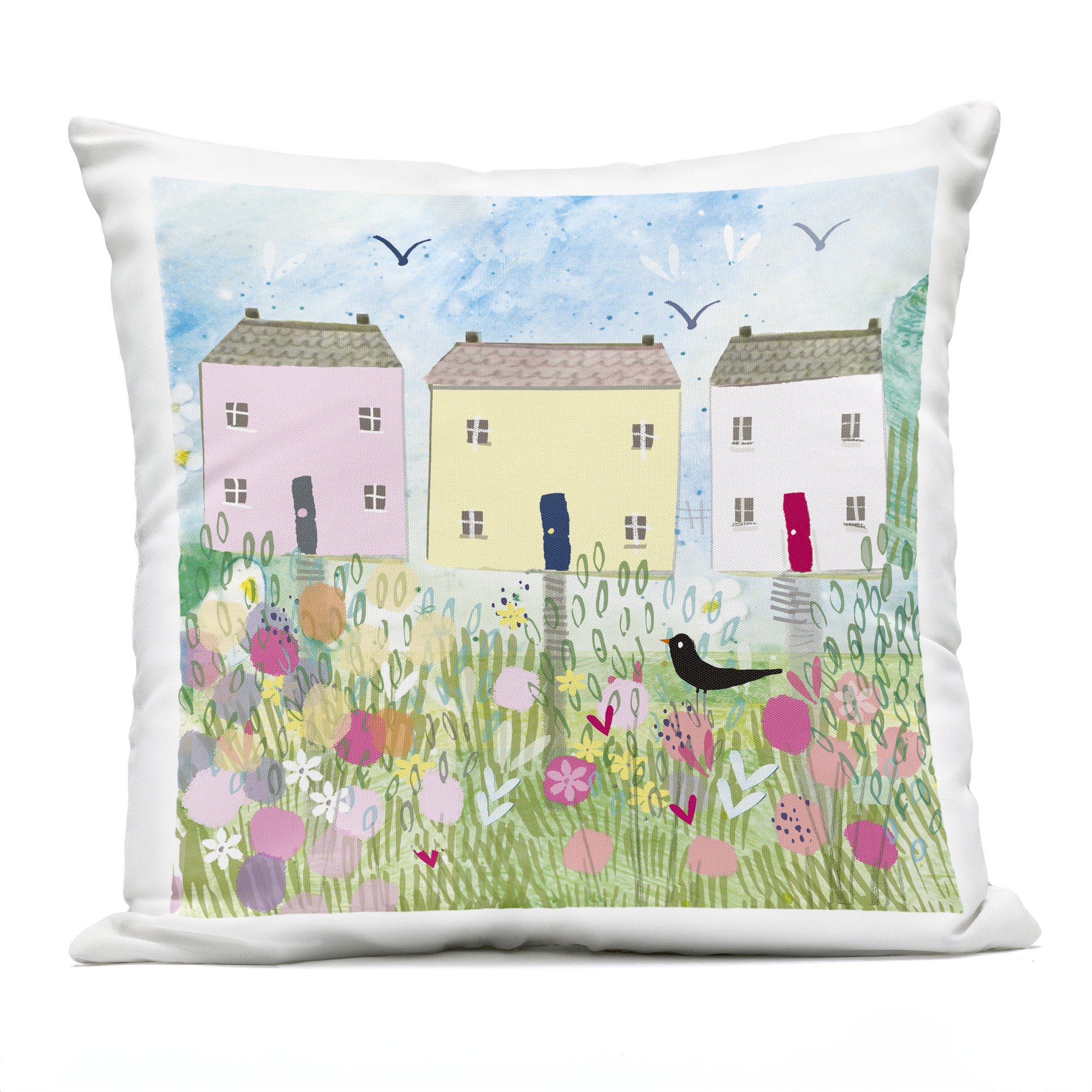 Stupell Industries Row Of Cottages with Crow Outdoor Printed Pillow ...