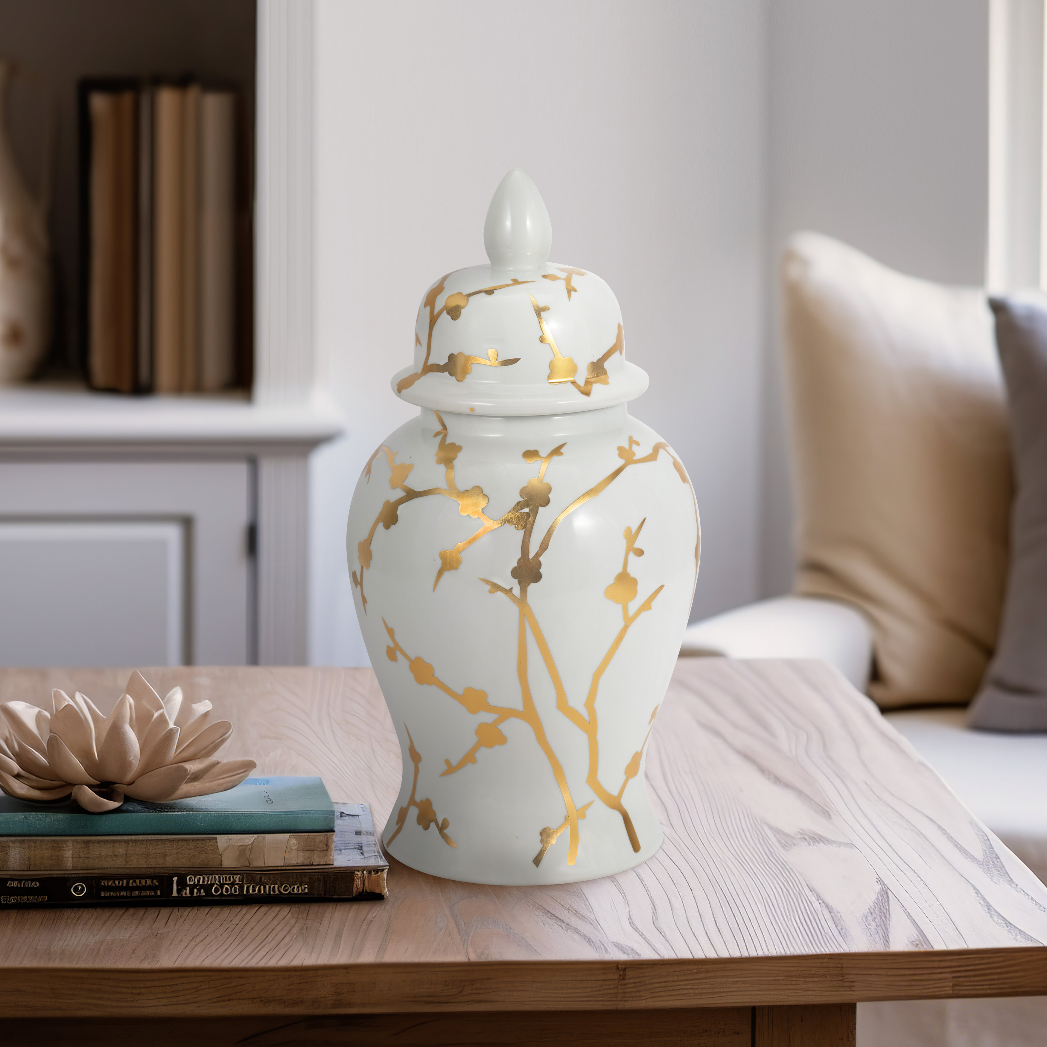 House of Hampton® Elegance 14" White Ceramic Temple Jar with Gold ...