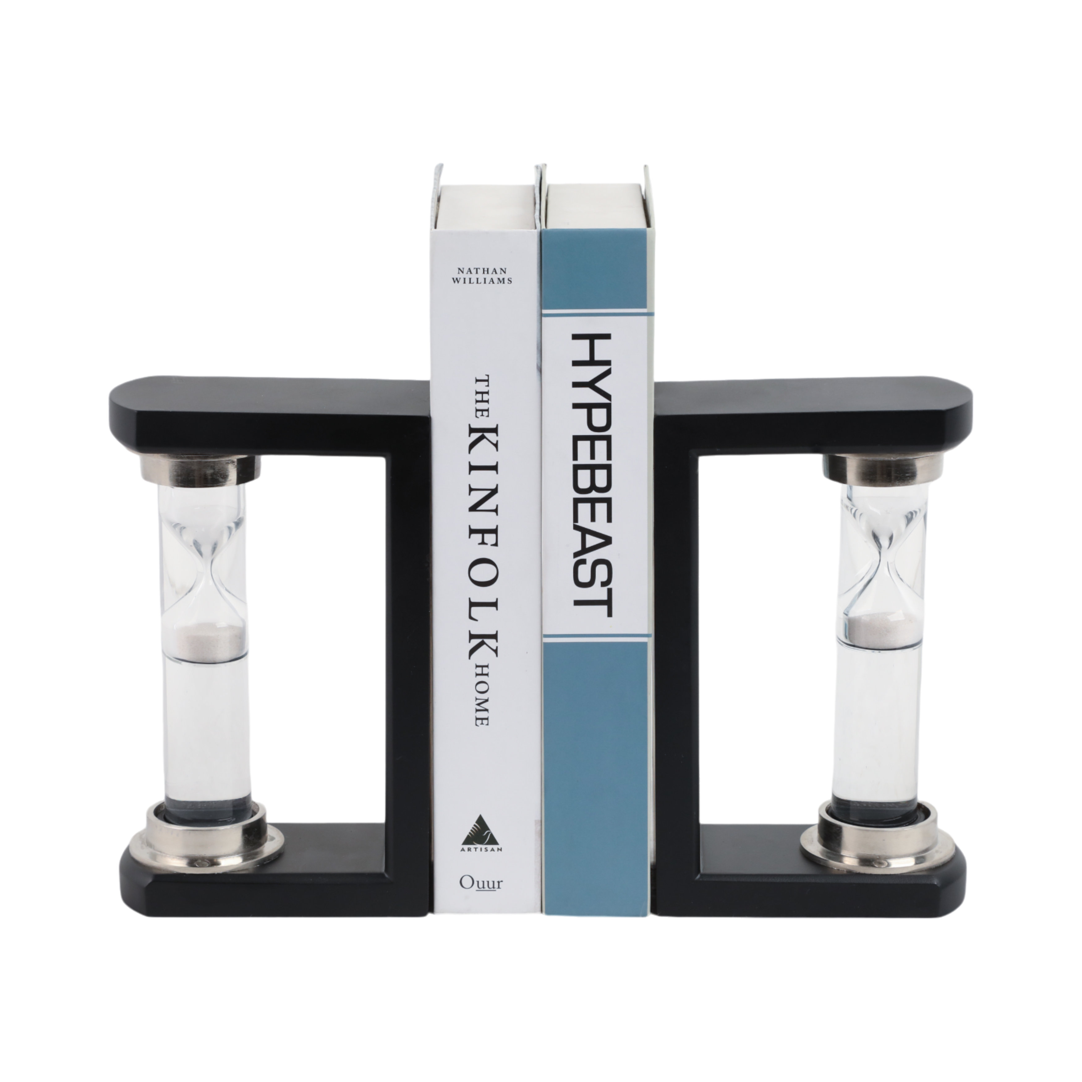 Latitude Run® Modern Wood and Metal Hourglass Bookends with Glass Sand ...