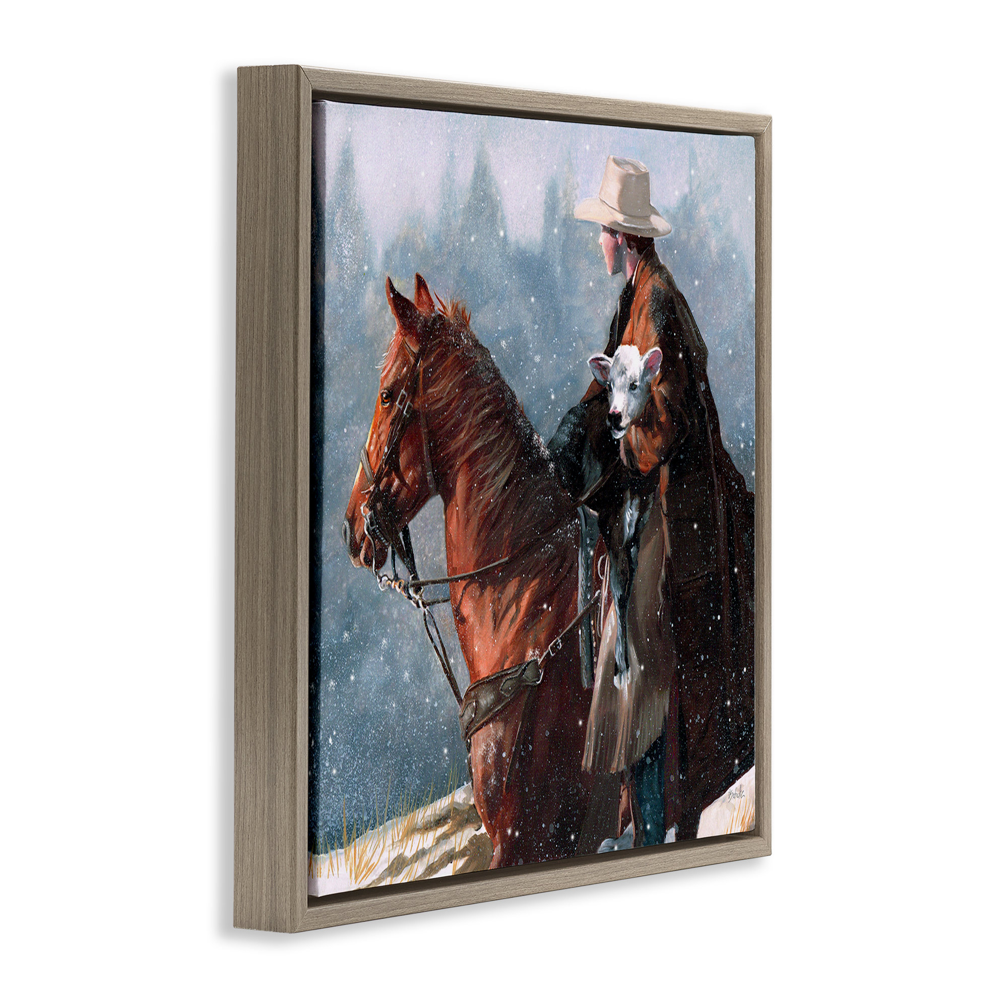Loon Peak® Cowboy Snow Scene Framed Floater Canvas Wall Art by Victoria Schultz | Wayfair