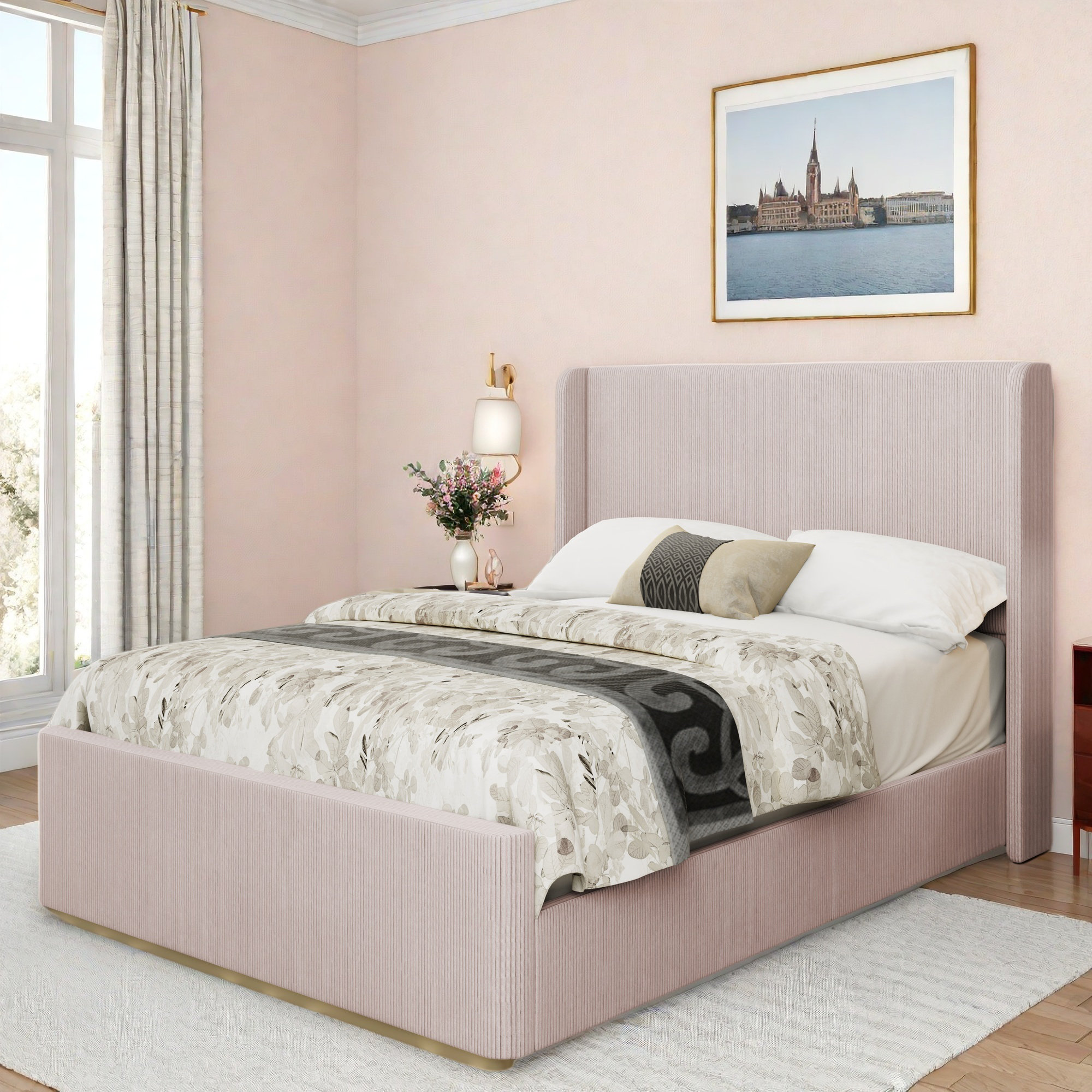 Mercer41 Upholstered Bed With Vertical Stripe Wingback Headboard And ...