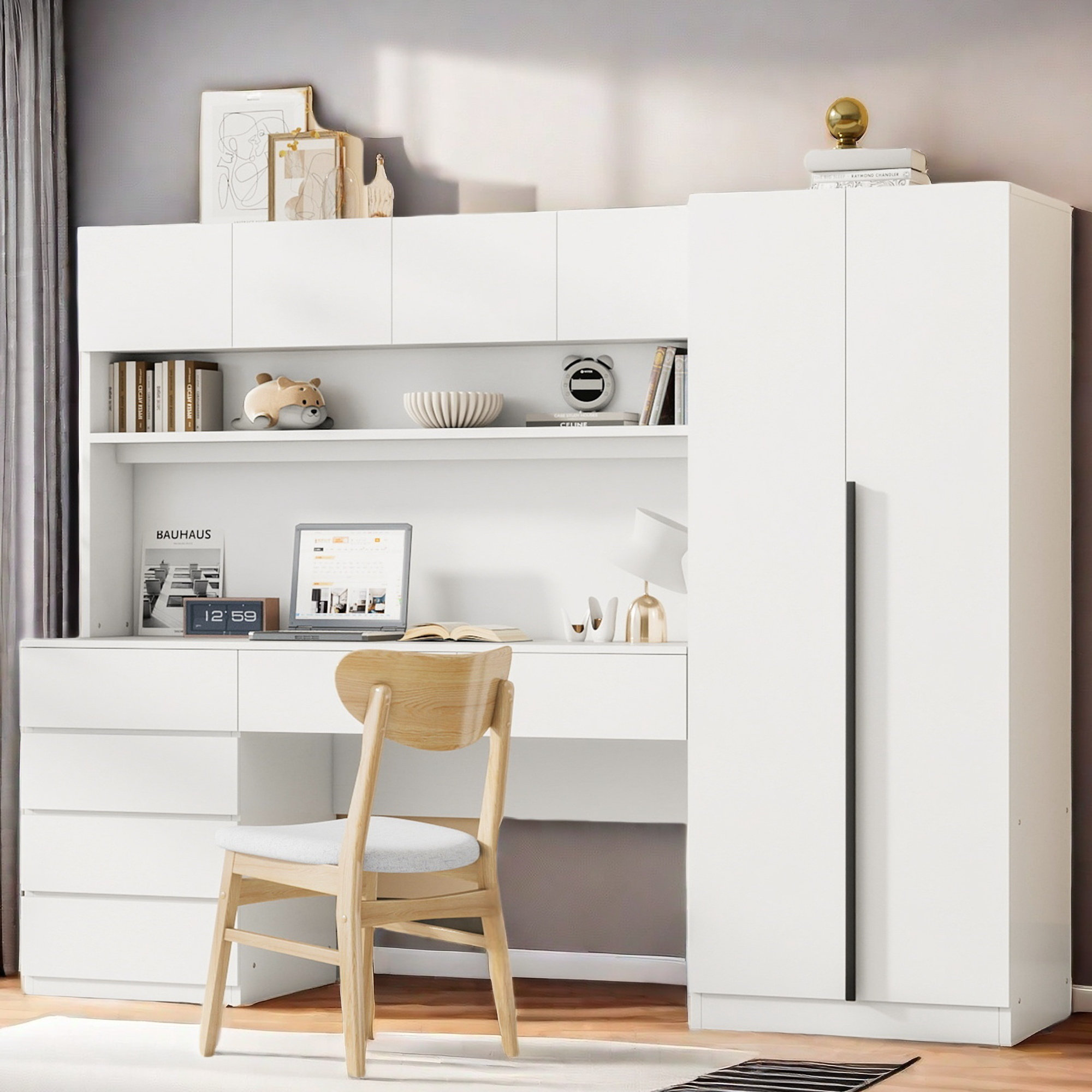 Latitude Run® Penryn 2 Doors Wardrobe with Wooden Desk, 2 Upper ...