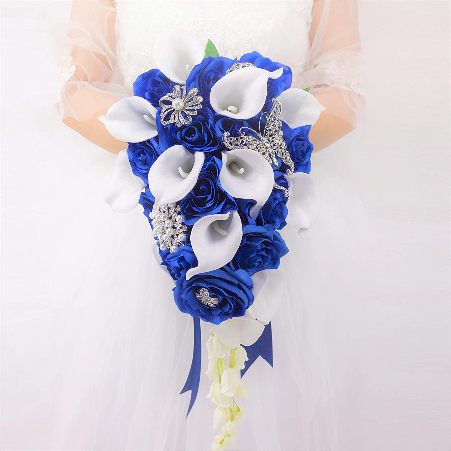 Abbie Home Calla Lily and Rose Cascading Bride Bouquet Waterfall ...