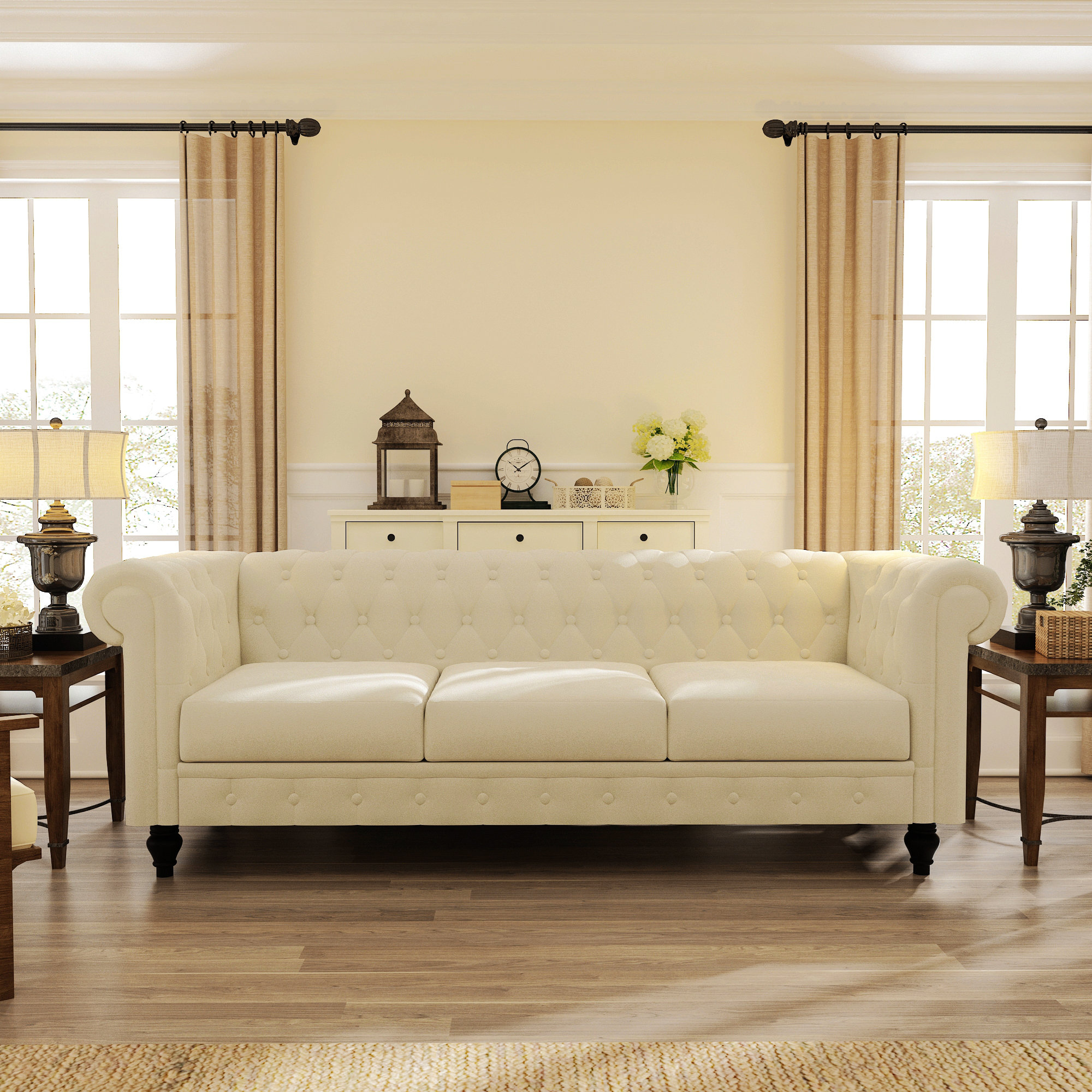 Charlton Home® Elegant Beige Chesterfield Sofa - 3-Seater Plush Fabric ...