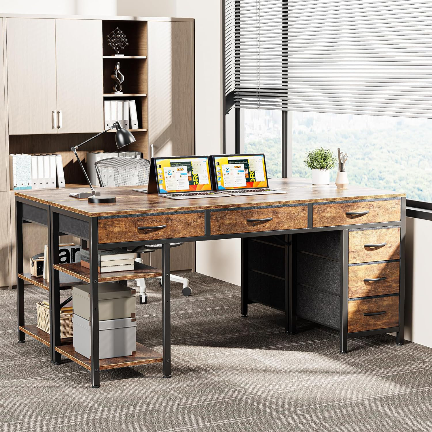 17 Stories Rustic Brown Computer Desk With 6 Drawers, Reversible Gaming ...