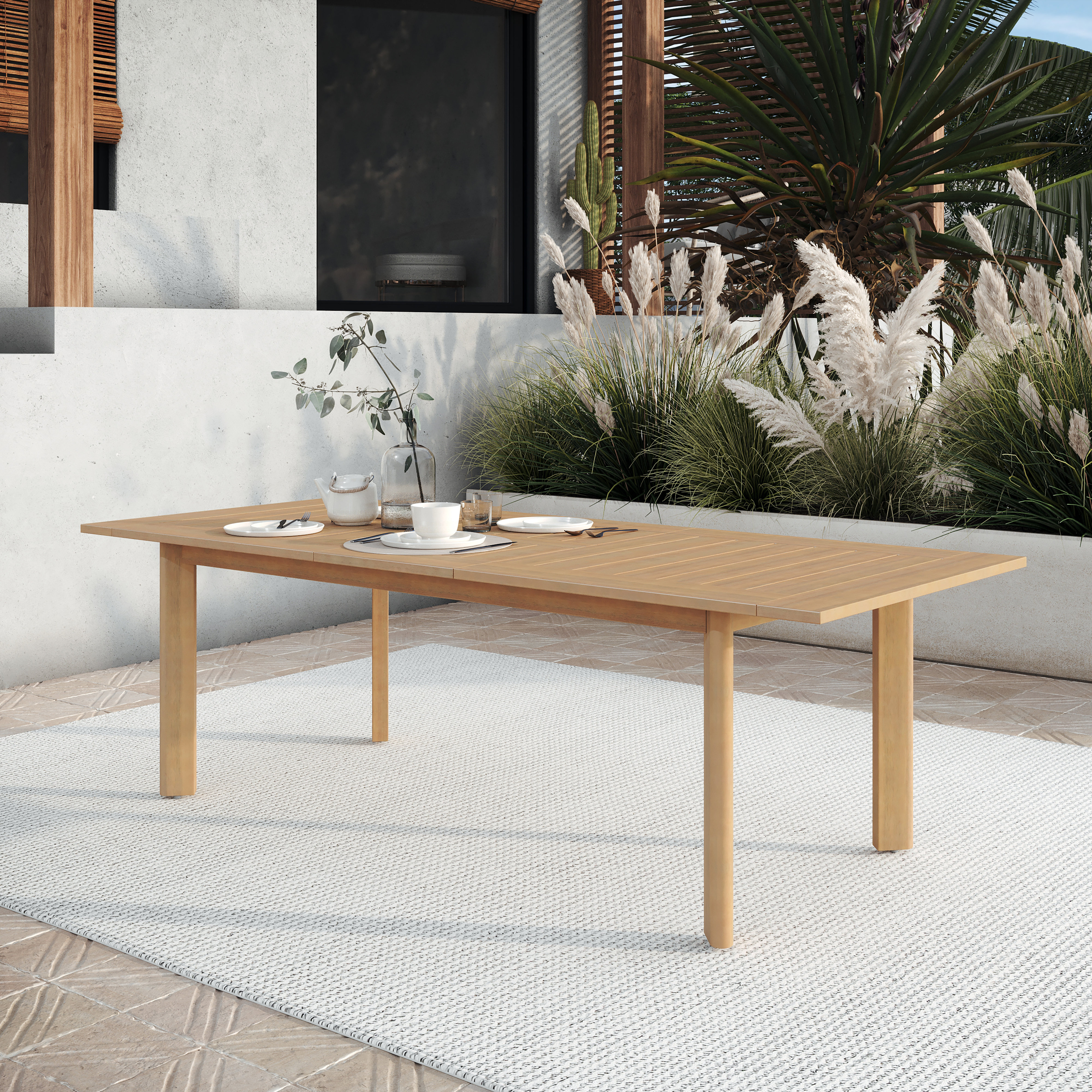Hokku Designs Pablo Solid Acacia Wood Extendable Dining Table With Self ...