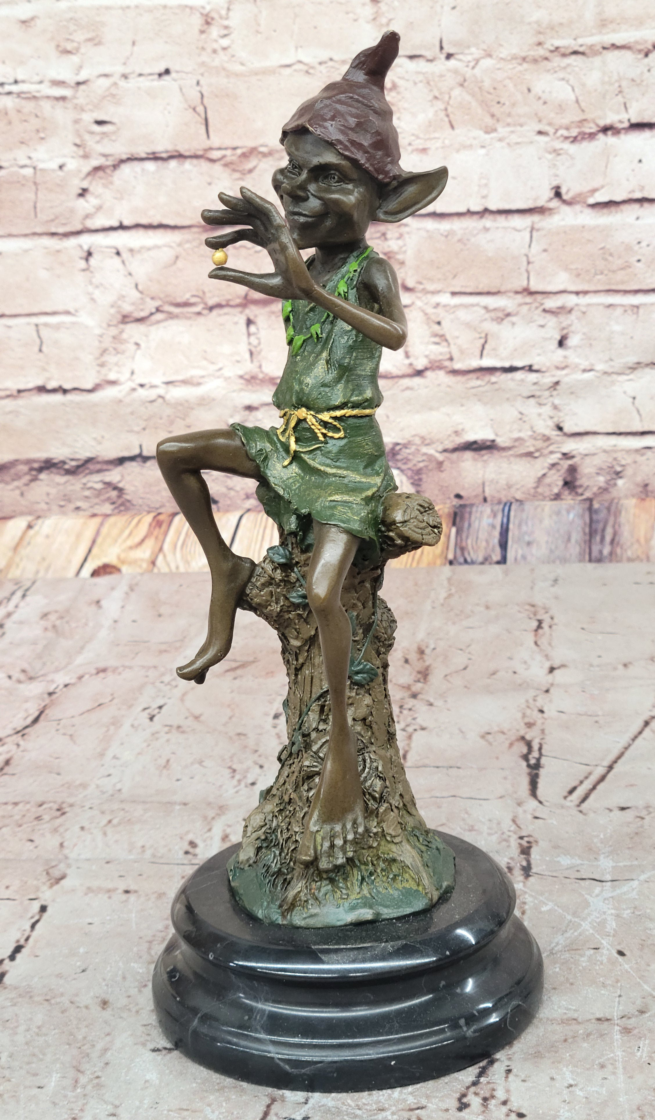 Trinx Bronze Elf Leprechaun Sitting on Tree Stump Fantasy Sculpture ...