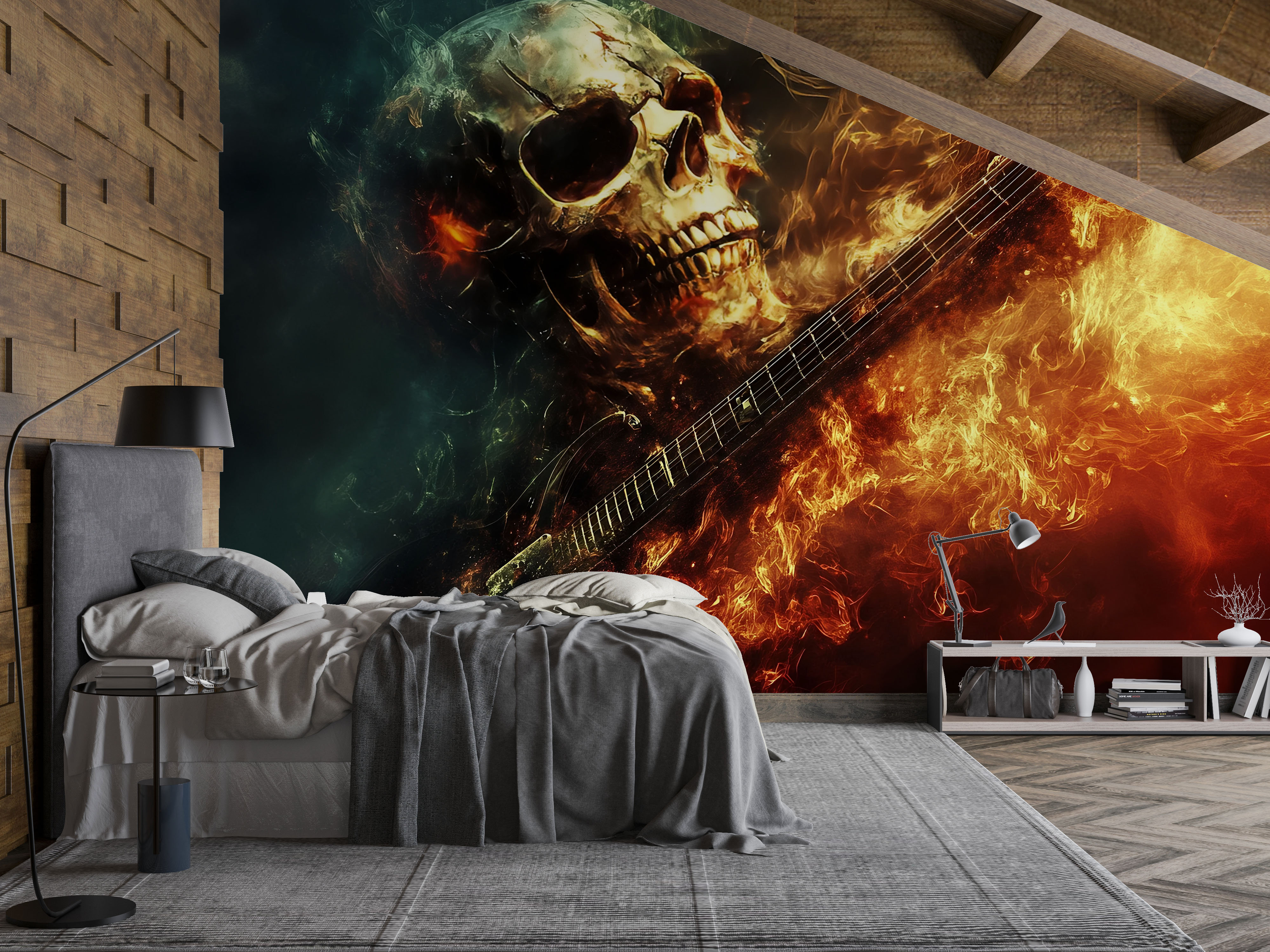 Trinx Fiery Skull Guitar Wall Mural – Rock Bedroom Decor, Flame Skull ...