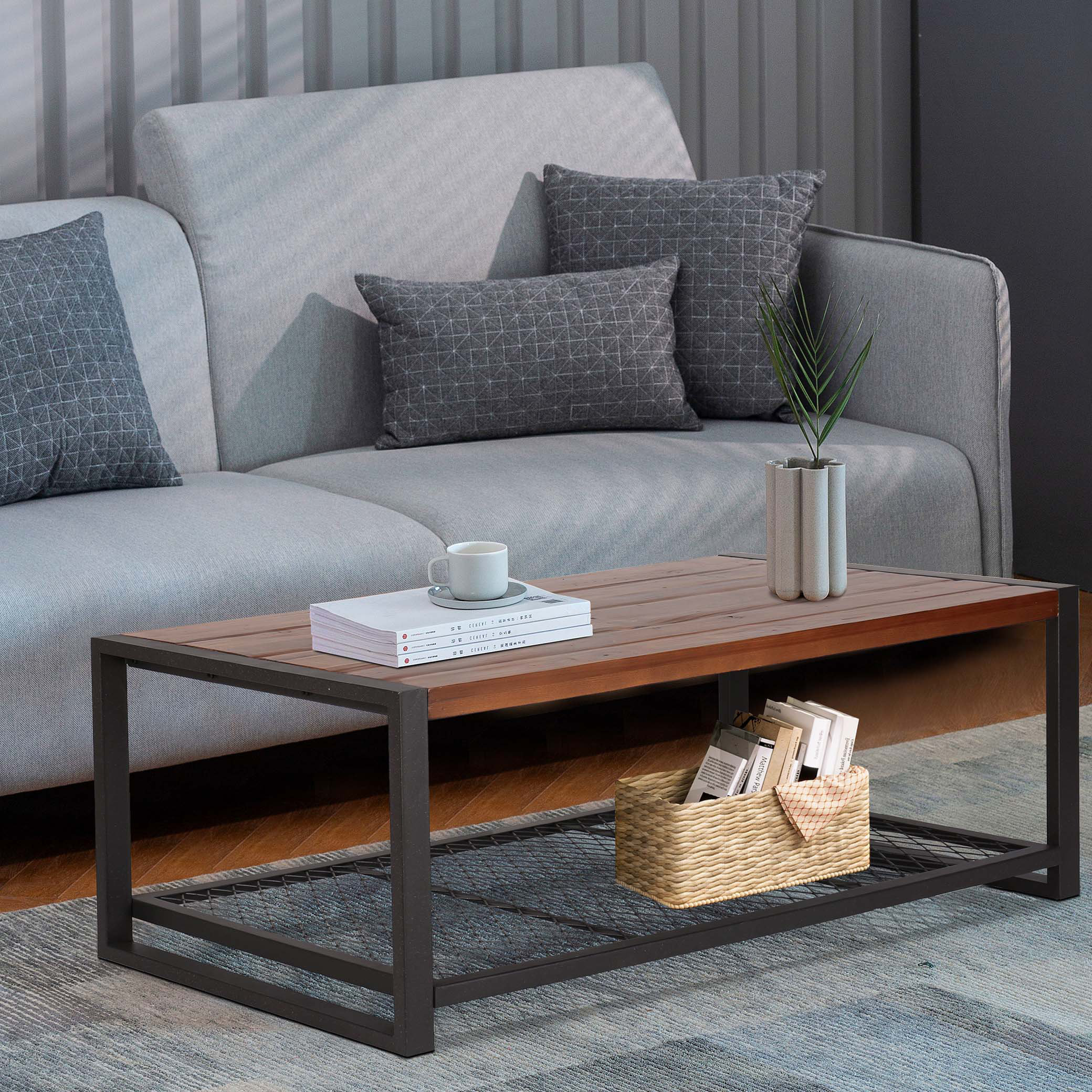 17 Stories Rectangular Coffee Table with Solid Wood Table Topand Shelf ...