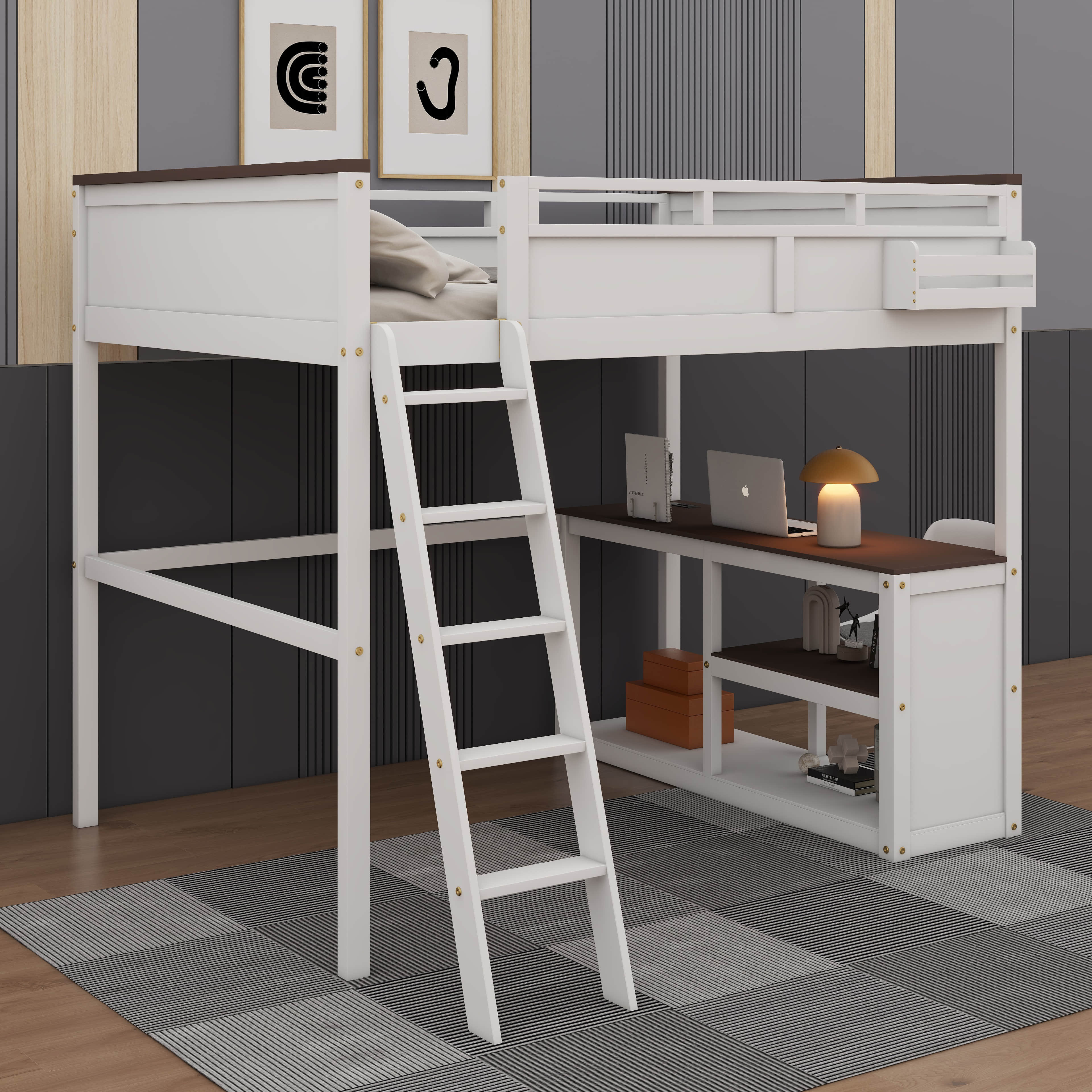 Harriet Bee Queen-Size Elevated Loft Bed Combined With A Desk, Open Shelving Unit, And USB ...