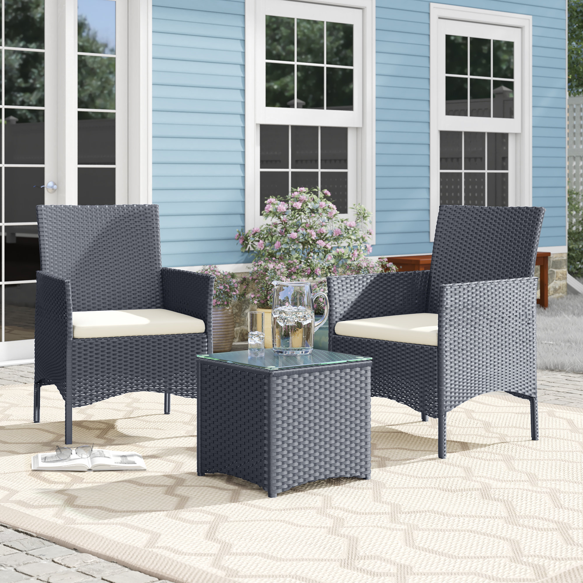 Ebern Designs Brogdon 3 Piece Rattan Conversation Set with Cushions ...