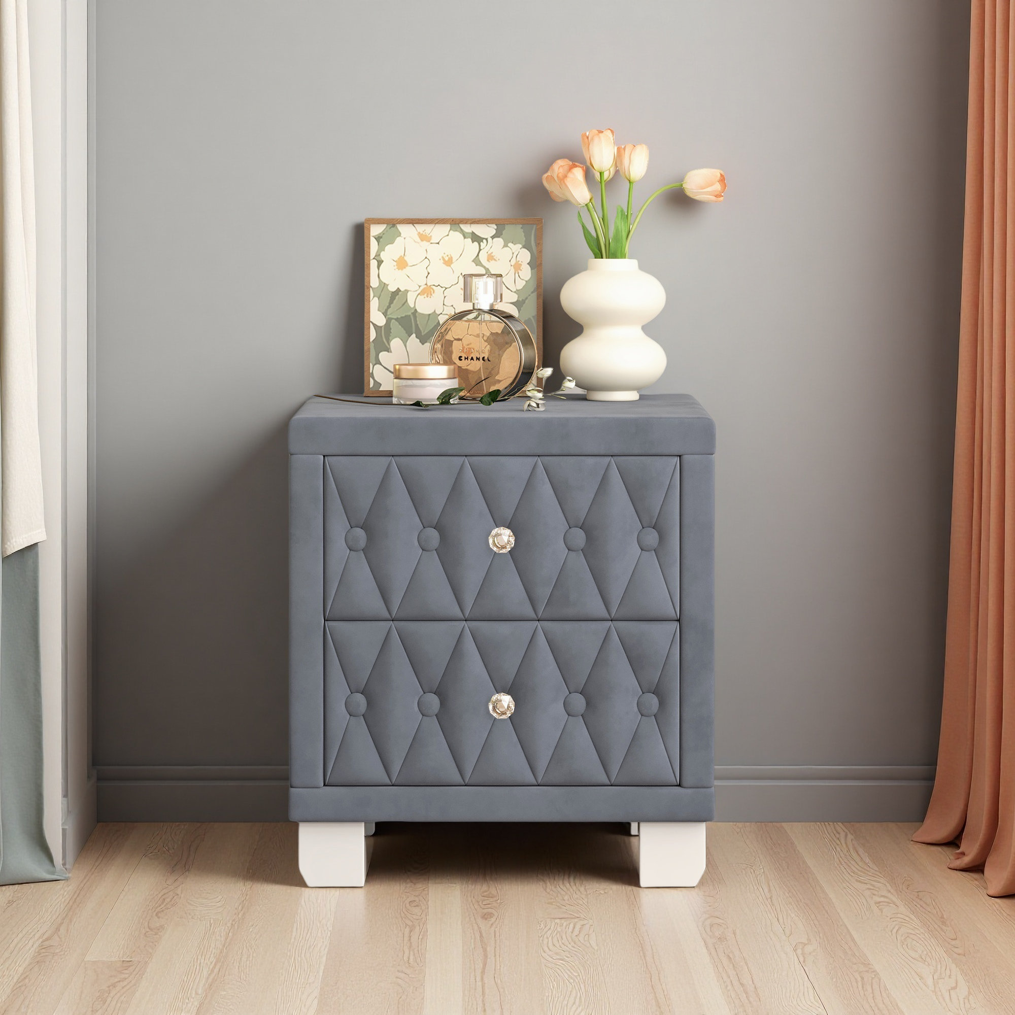 House of Hampton® Elegant Velvet Nightstand With 2 Drawers And Crystal ...