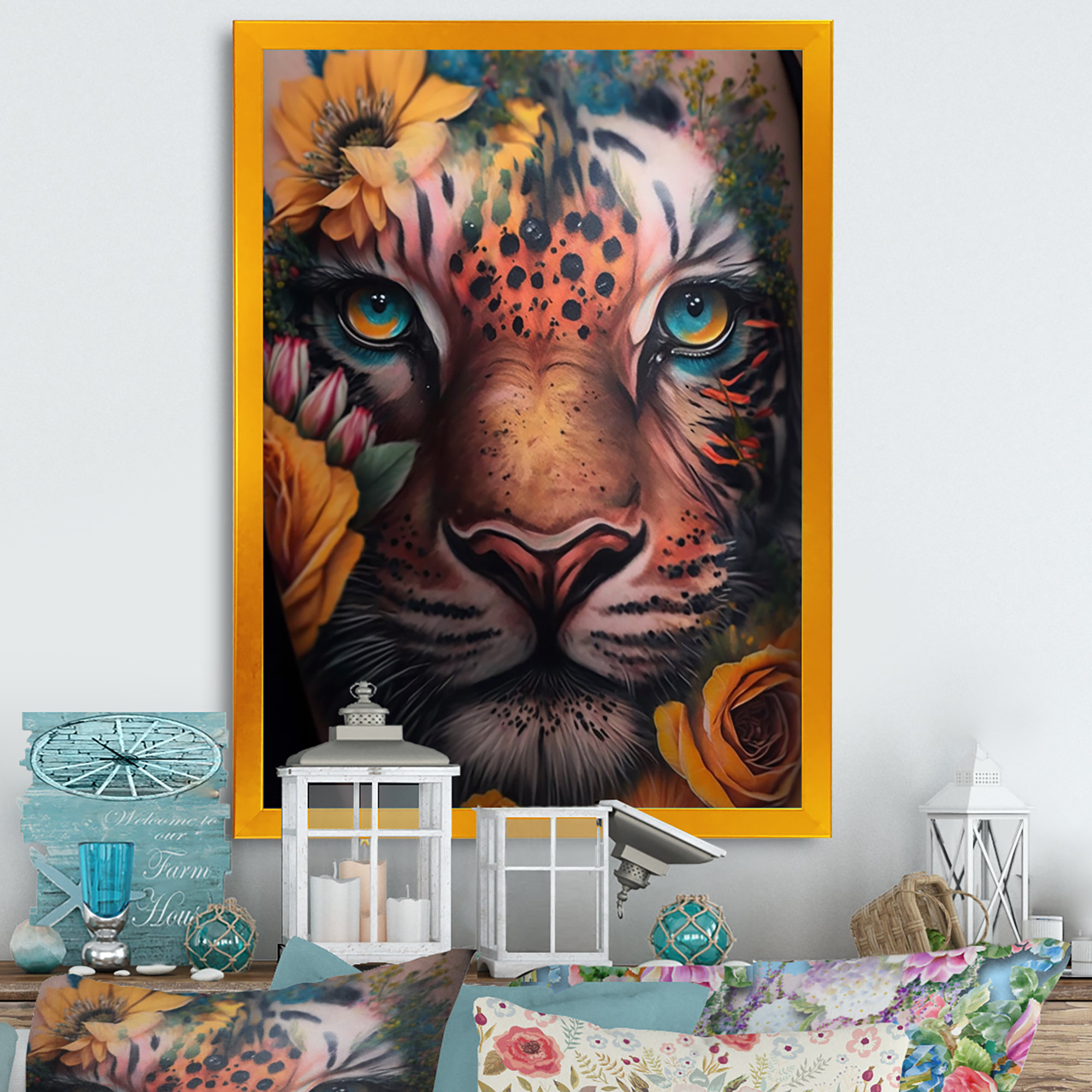 Dakota Fields Tiger Tattoo with Flowers - Print on Canvas | Wayfair