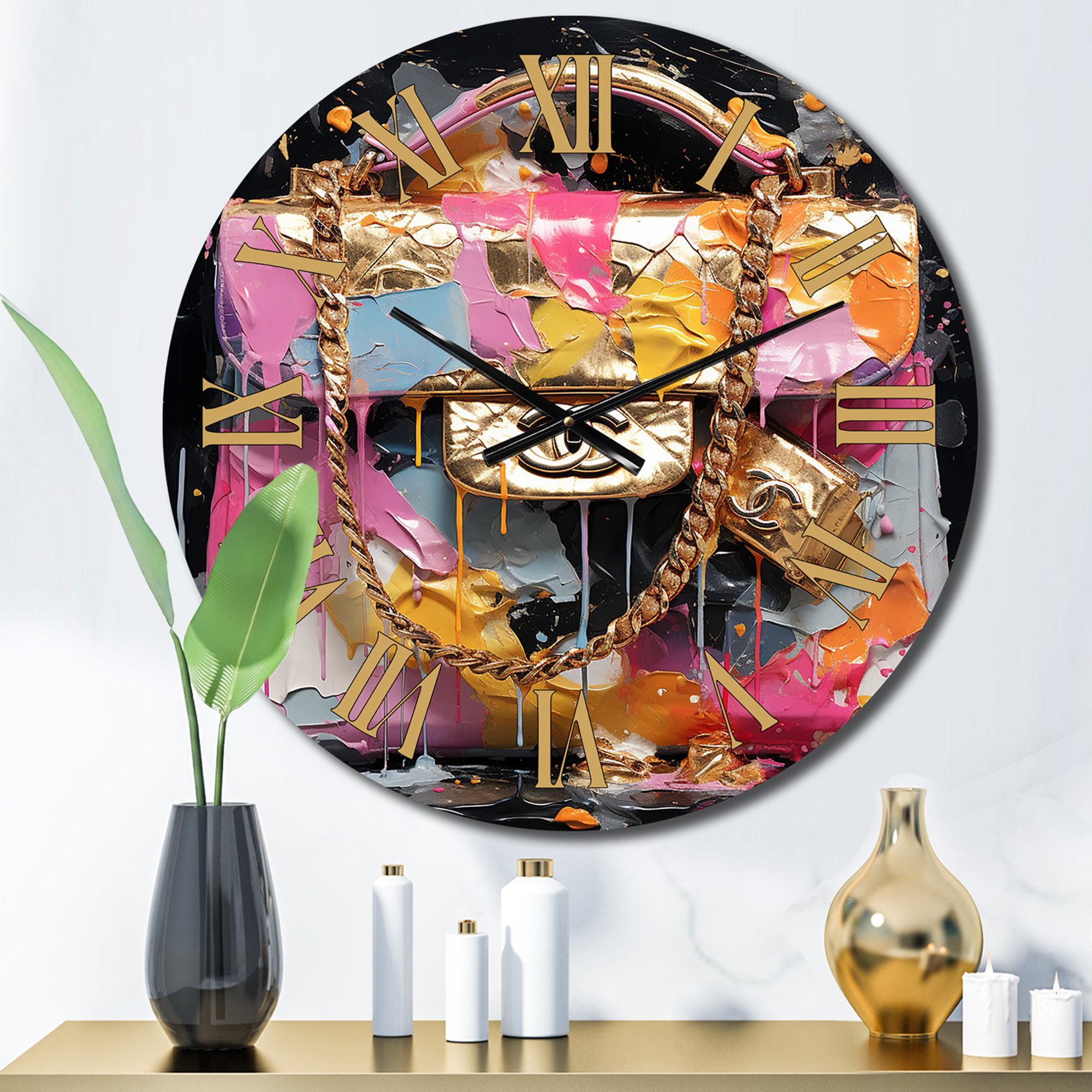 East Urban Home Fashion Bag Couture Pink Gold - Fashion Wall Clock ...