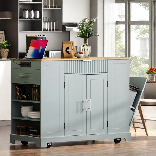 Lark Manor™ Fluted Kitchen Island With Tilt-out Trash Can, Power Outlet ...