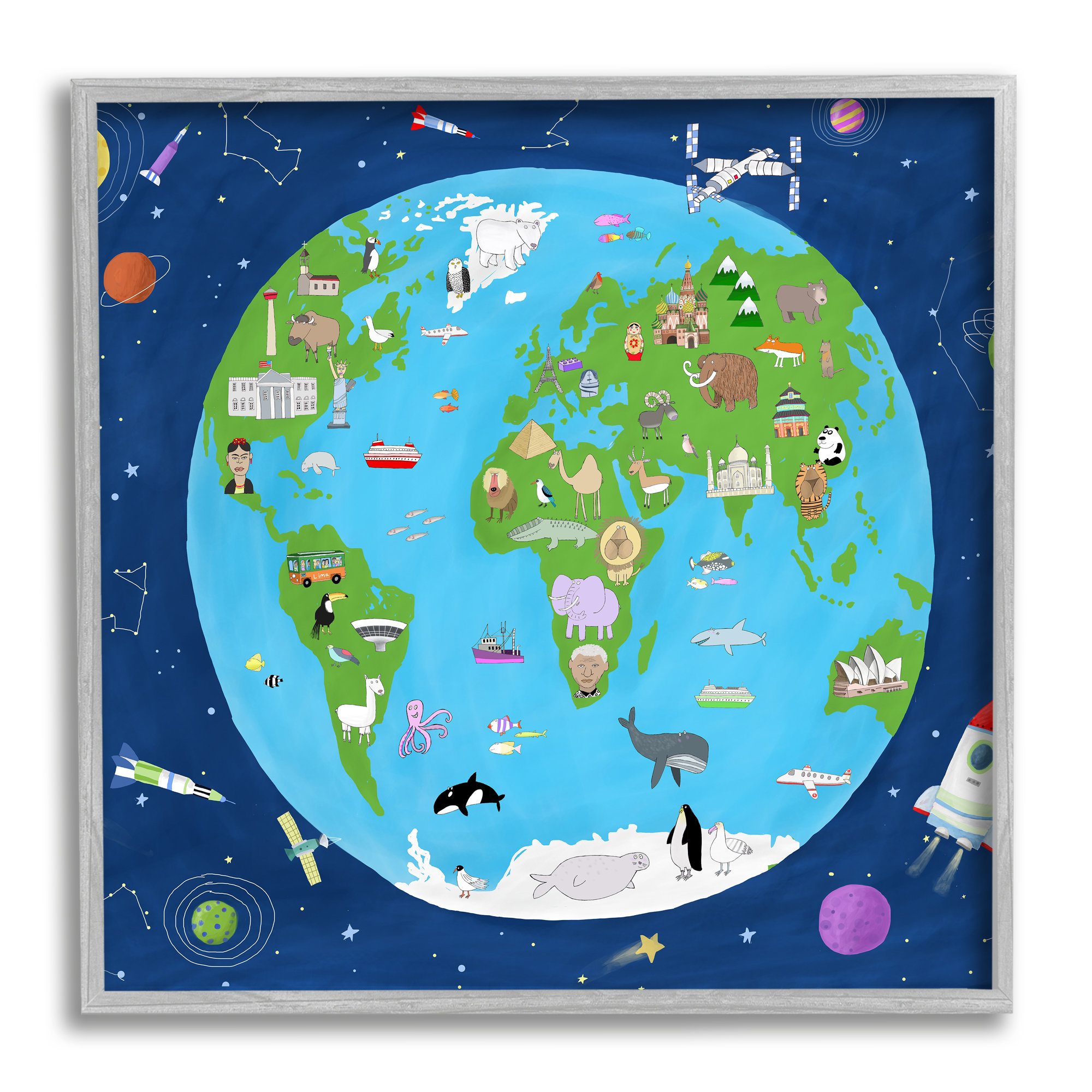 Stupell Industries Earth and Outer Space Map Animals Stars Stretched ...